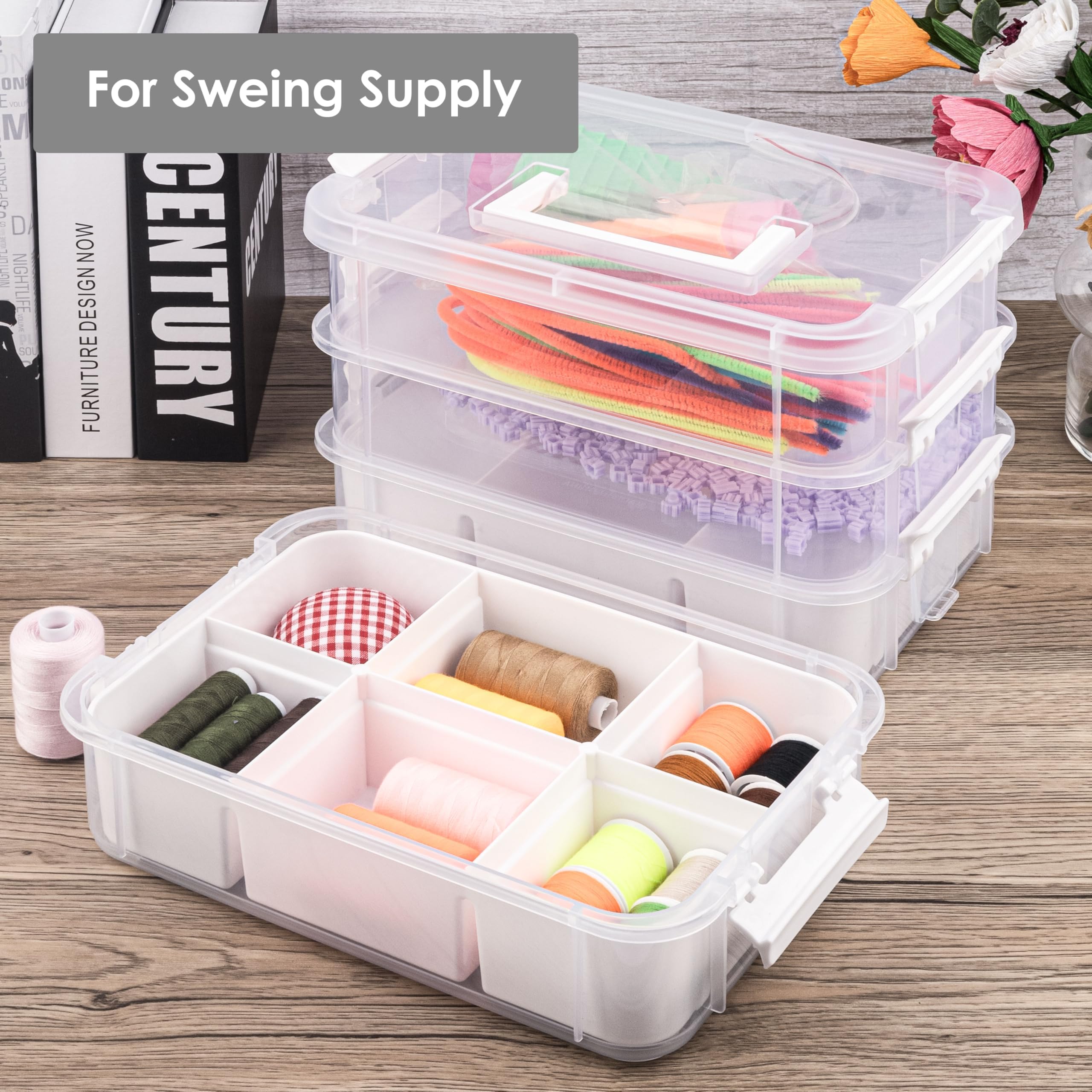CraftGenes Plastic Storage Bins β 4-Layer Durable Storage Containers for Arts and Crafts Supplies with 2 Removable Trays for Seasonal Decor, Tool, Office Supplies, Art, Craft Supplies, Sewing Utility