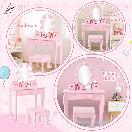 Bophy Girls' Vanity Table and Chair Set, Kids Makeup Dressing Table with Lights & Wood Makeup Playset, Kids Vanity Set with Mirror & Drawer for Age 4-9, Pink (STM-101PA)