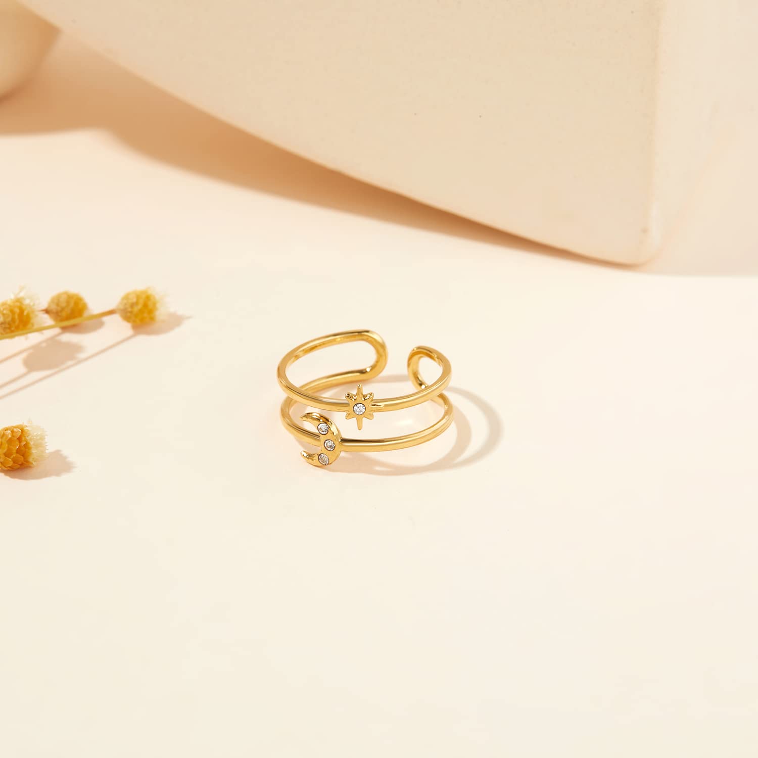 BUEMMR Stackable Open Rings 14K Gold Plated Moon Sun Adjustable Rings for Women Teens Lovers Zirconia Jewelry Gifts