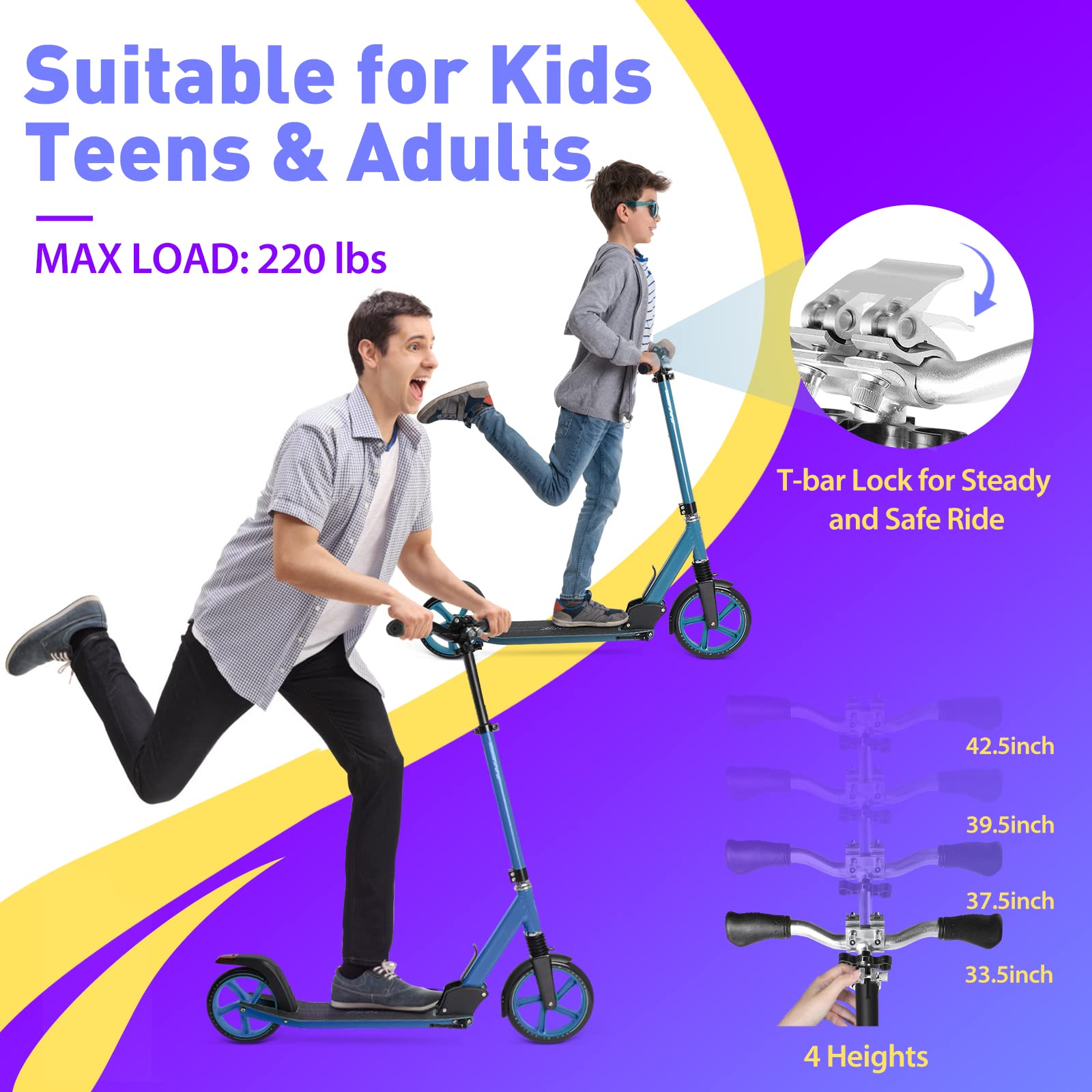 Beleev V5 Scooters for Kids 8 Years and Up, Foldable Kick Scooter 2 Wheel, Quick-Release Folding System, Shock Absorption Mechanism, Large 200mm Wheels Sports Scooters for Adults and Teens (Navy Blue)