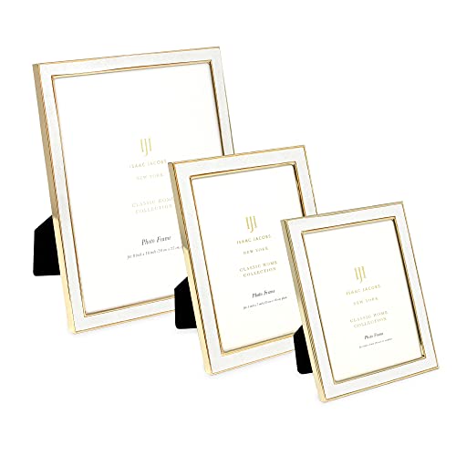 Isaac Jacobs 5x7 White Leather with Gold Metal (Vertical & Horizontal) Picture Frame, Suede Border w/Black Fabric Easel, Wall-Mountable, Made For Tabletop, Photo Gallery (5x7, White W/Gold)