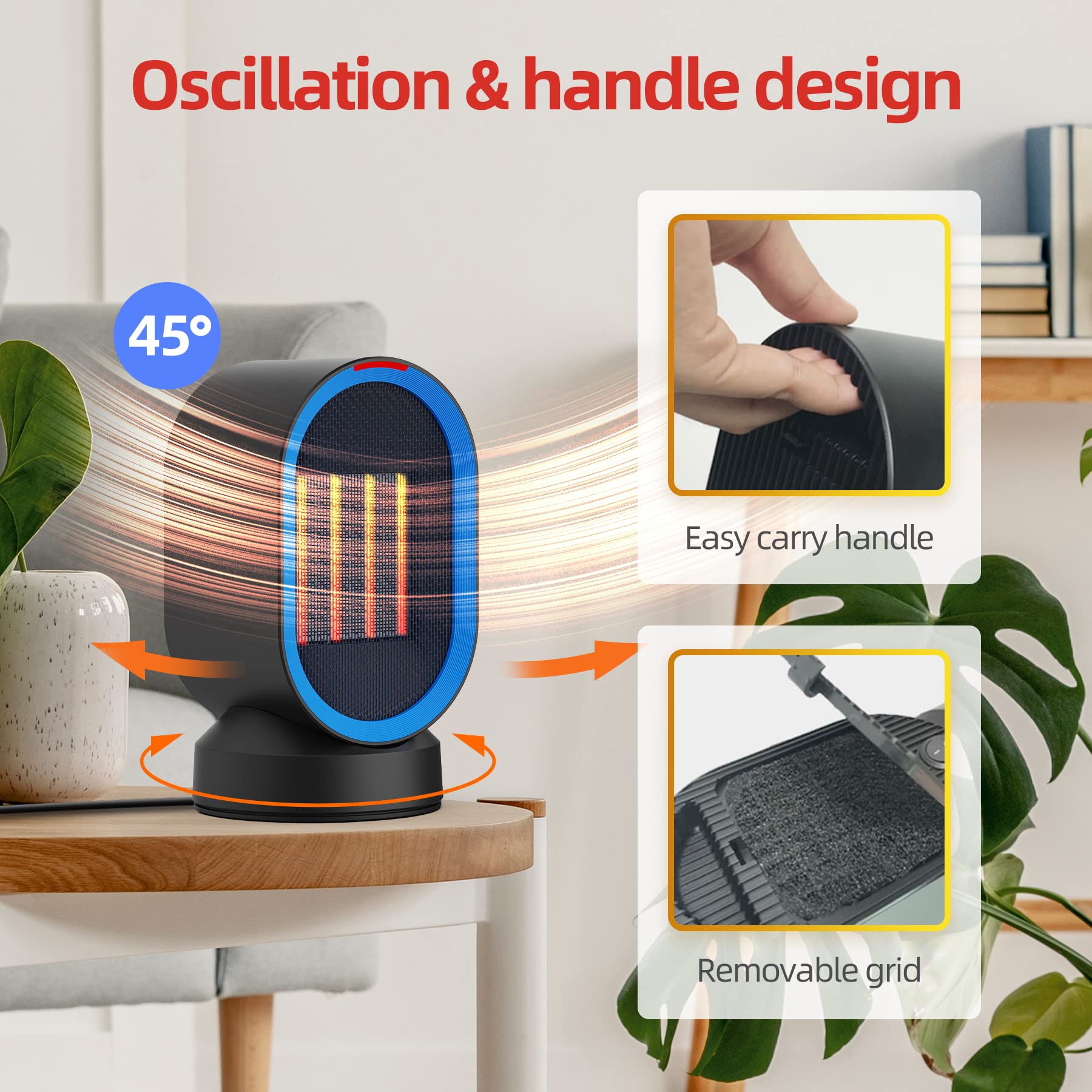 Portable Space Heater, Oscillating Desk Heater for Indoor Use,Electric PTC Ceramic Heaters with Tip-Over, Overheating Protection for Office, Bedroom, Home