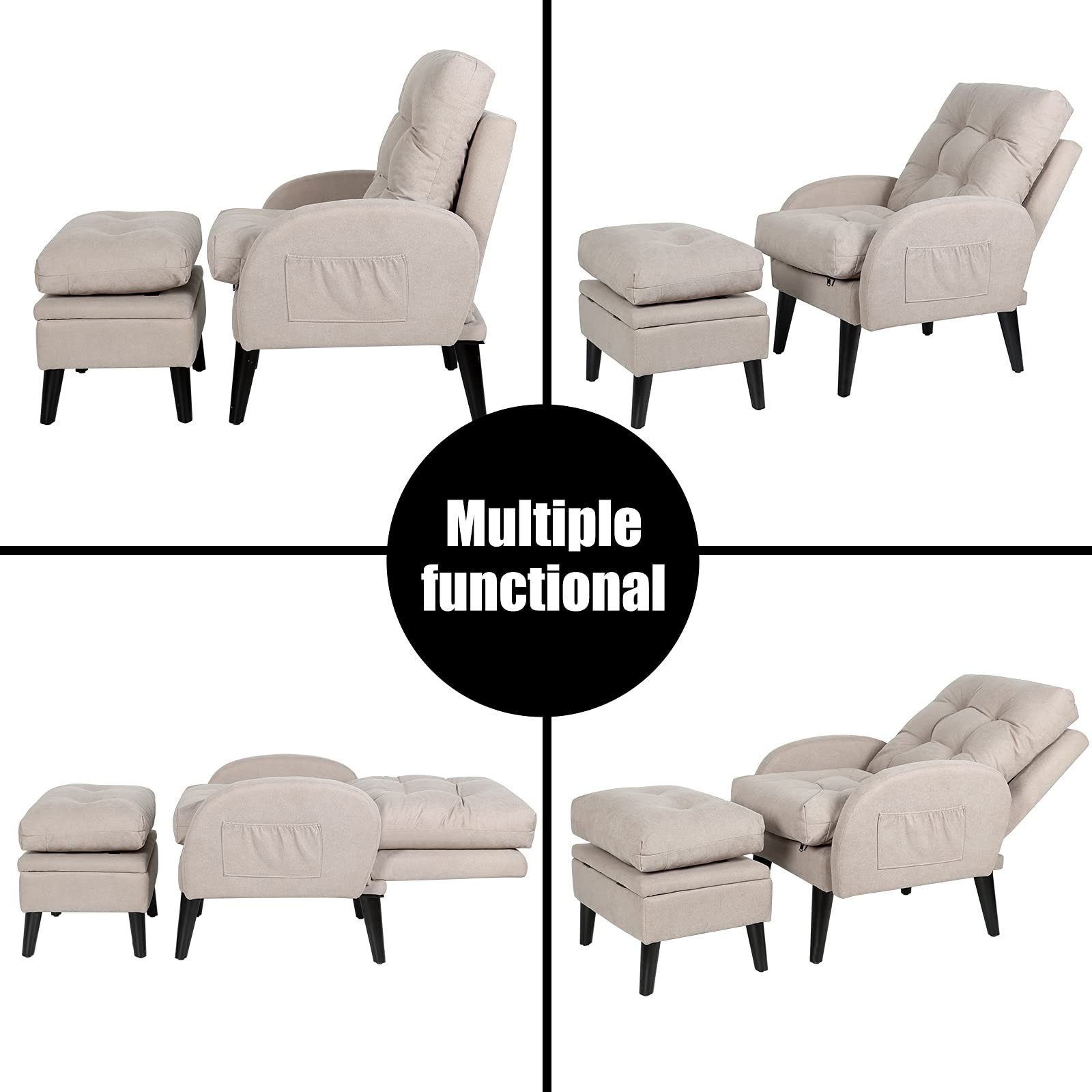 ELUCHANG Accent Chairs with Ottoman, Upholstered Comfy Armchair with Adjustable Backrest&Storage Footrest, Lazy Chair Reading Chair Leisure Sofa Recliner for Living Room Bedroom (Light Grey - Linen)