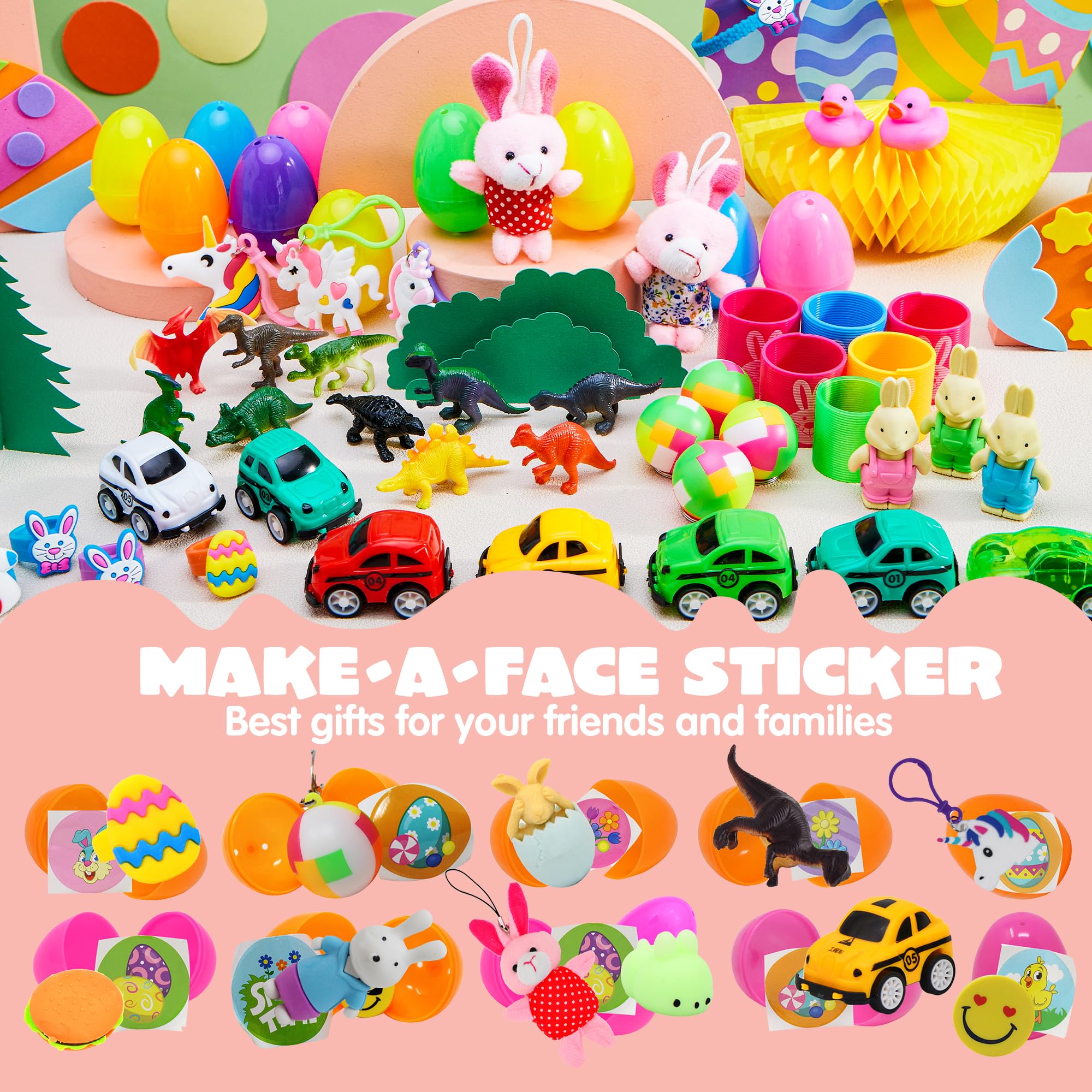 JOYIN 100 Pcs Prefilled Easter Eggs with Toys Plus Stickers, Filled Easter Eggs with Toys Party Favors for Kids Boys Girls Easter Eggs Hunt, Easter Basket Stuffers Fillers,Classroom Prize Supplies