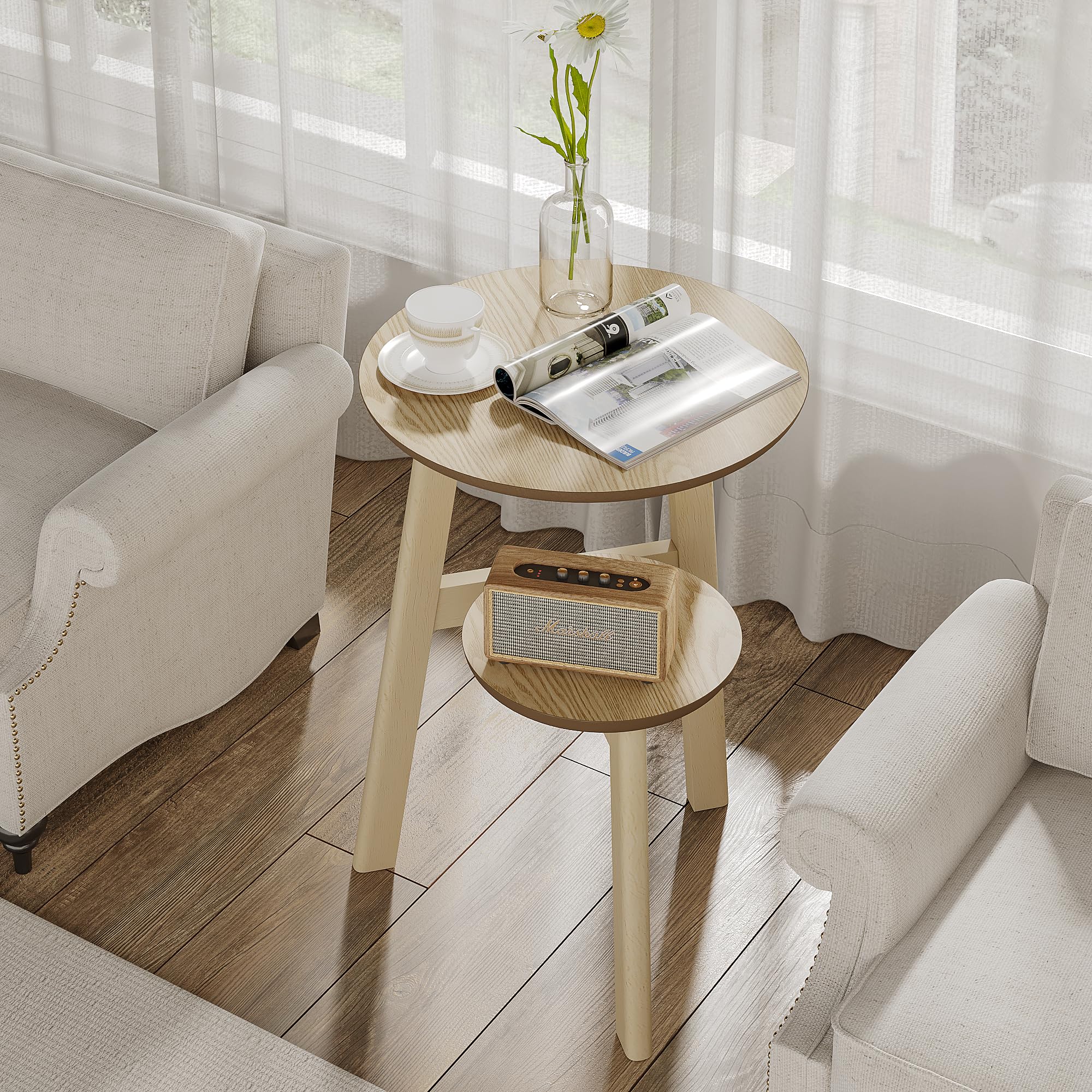 ChooChoo Round End Table Set of 2, Narrow Side Table for Small Spaces, Accent Table Night Stand with 2 Tier Shelf for Bedroom and Living Room, Natural