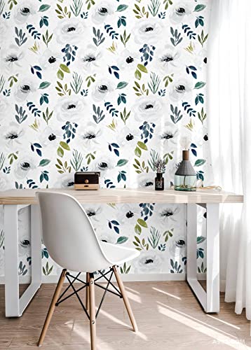 HAOKHOME 93245-2 Peel and Stick Floral Wallpaper Home Decor Removable White/Grey/Black Vinyl Self Adhesive Mural 17.7in x 9.8ft