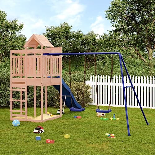 Loibinfen Outdoor Playset Solid Wood Douglas, Garden Play Set with 1 Play Tower, 1 Wave Slide, 1 Double Swing Set, Modern Outdoor Backyard Children's Climbing Wood Playground Playset,-4553