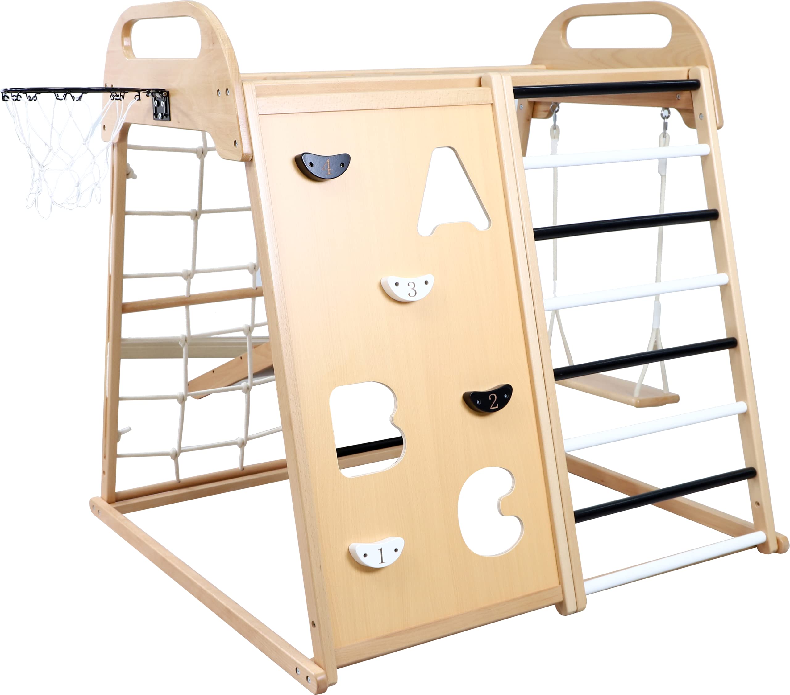 Hopscotch Squad Activity Indoor Kids Playground Jungle Climbing Gym, Toddlers Wooden 9-in-1 Play Set Climber