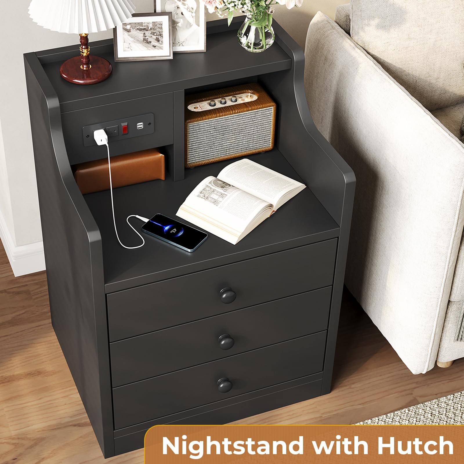 Tiptiper Black Nightstand with Charging Station 3 Drawers, Wood Sofa End Side Table with USB Ports and Outlet, Bedside Table Bedroom Nightstand with Sliding Drawer & Hutch