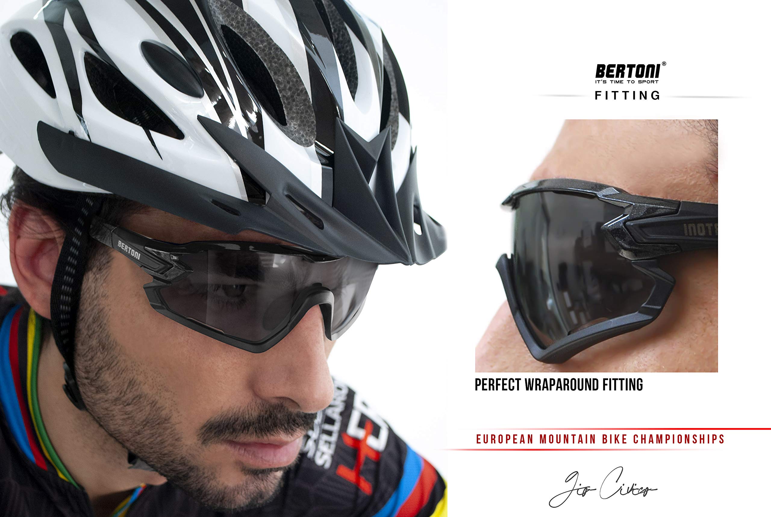 Bertoni Sport Sunglasses Cycling MTB Running Ski Golf Removable Sport Prescription Carrier Included mod. Quasar (Black/Green Mirror)