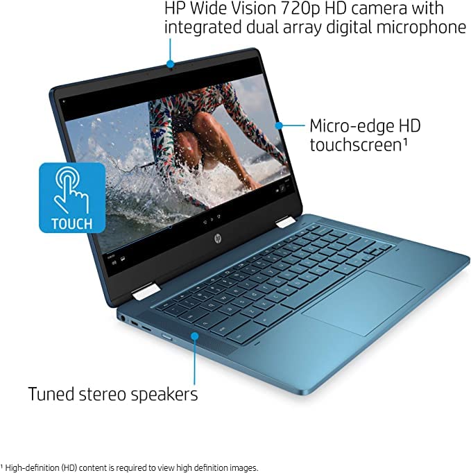 HP Newest X360 2-in-1 Chromebook 14" HD Touchscreen Laptop, Intel Celeron N4000(Up to 2.8GHz), 4GB DDR4 RAM, 128GB Space(64GB eMMC+64GB Card), WiFi, Webcam, USB Type-C, Chrome OS, Forest Teal JVQ MP