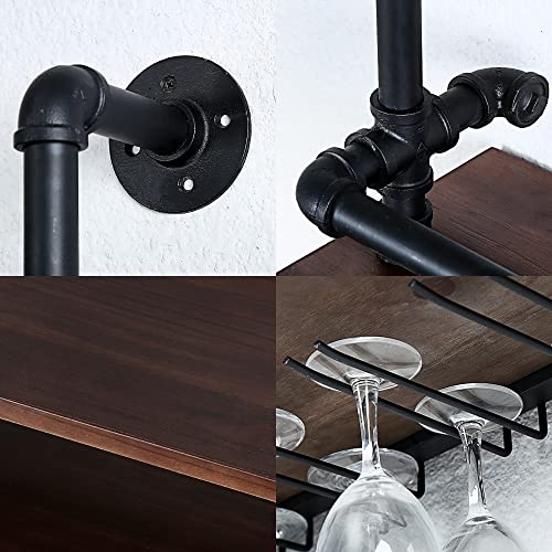 HAOVON Industrial Pipe Shelf Wine Rack Wall Mounted with 5 Stem Glass Holder,3-Tiers Rustic Floating Bar Shelves Wine Shelf,24in Real Wood Shelves Wall Shelf Unit,Pipe Shelving Glass Rack