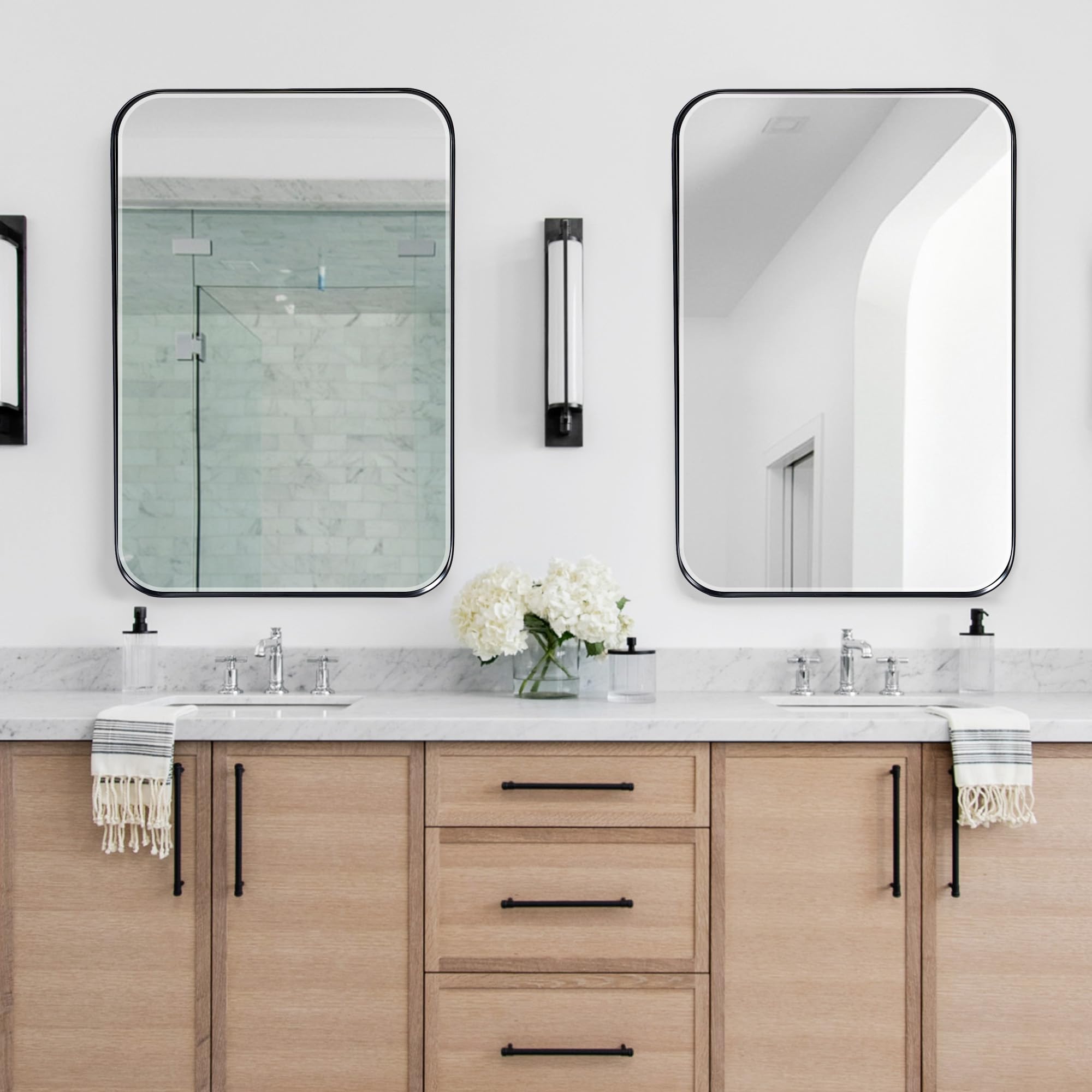 soges Black Medicine Cabinet Mirror with 2 Adjustable Storage Shelves, 24”x16” Recessed Medicine Cabinet with Mirror for Bathroom, Wall Mounted Deep Metal Framed Rounded Corner Rectangle