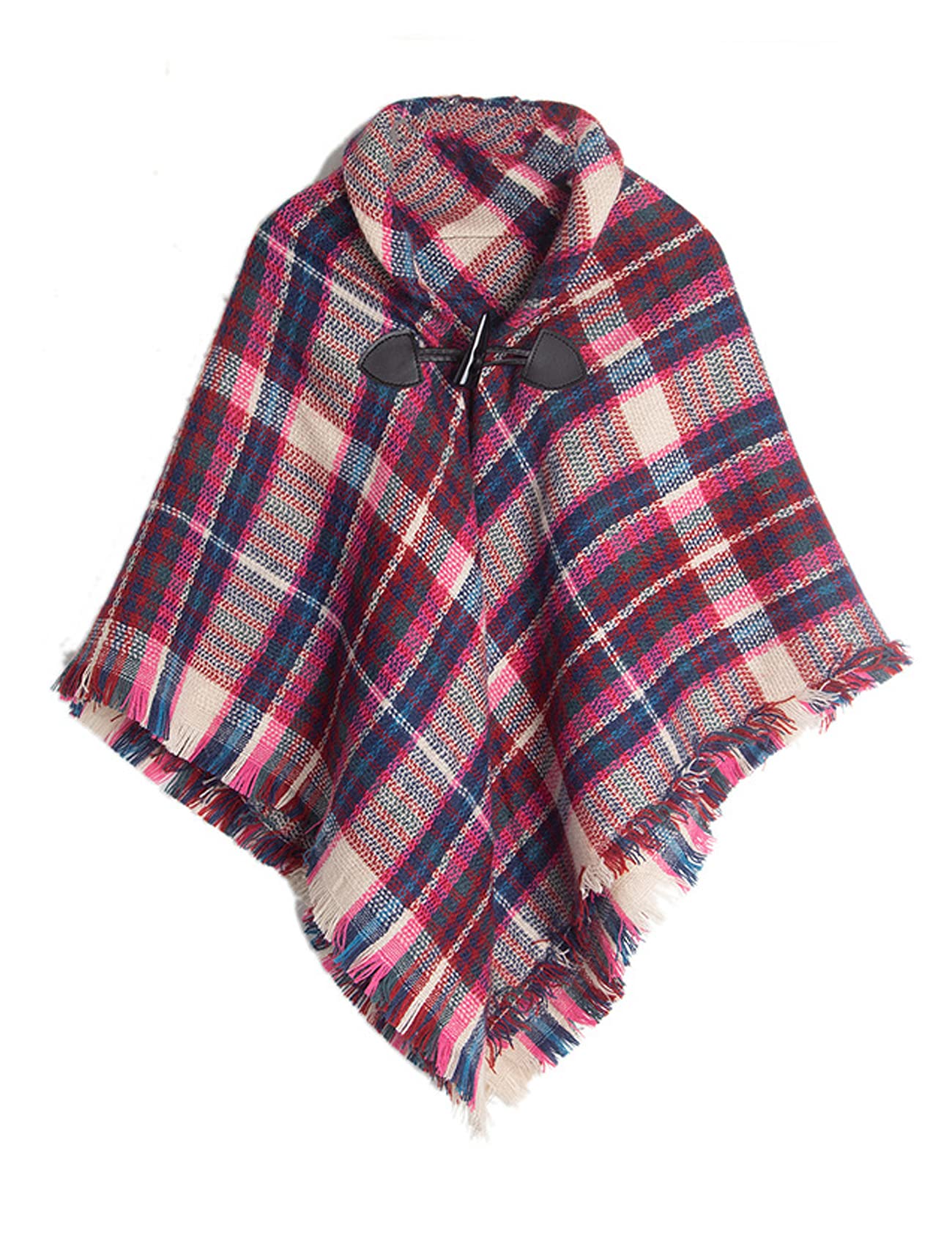 CXINS Girls Kids Fall Knitted Pullover Sweaters Horn Button Poncho Tassel Plaid Cloak Cape Pink One Size