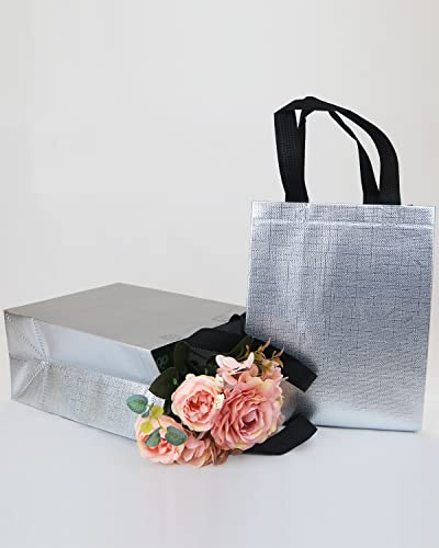 HUANN 6 Pcs Silver Gift Bags Medium Size Shine Reusable Gift Bags with Handles Metallic Glossy Non Woven Gift Bags for Wedding Christmas Party Birthday 8 x 5 x 10 Inch