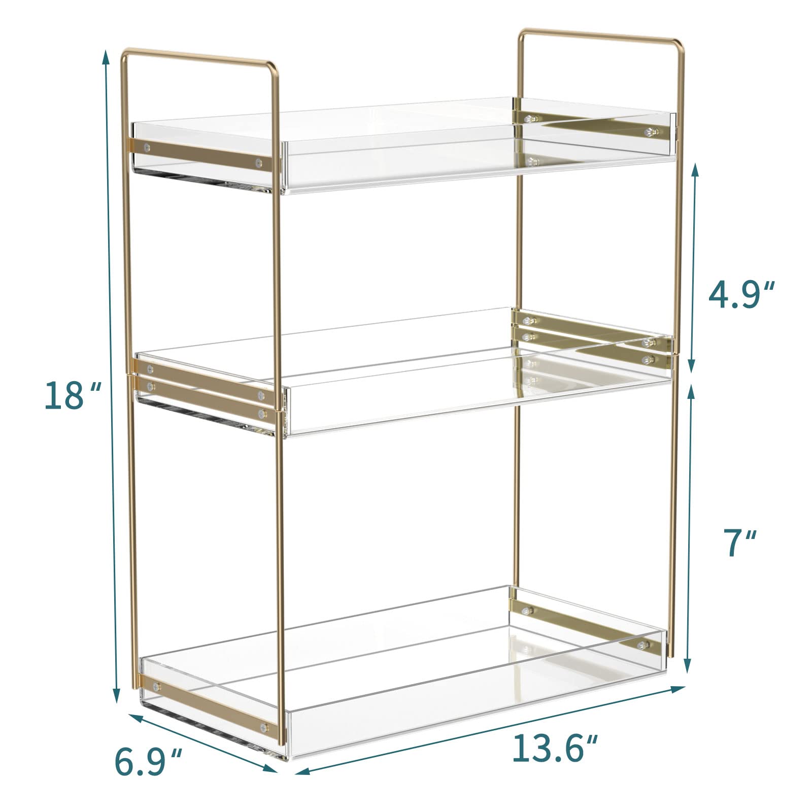 Bathroom Countertop Organizer, 3 Tier Acrylic Tray Vanity Counter Skincare Organizer Shelf, Kitchen Under Sink Standing Rack, Home Storage Holder for Lotion Makeup Cosmetics Perfume Spice, Gold