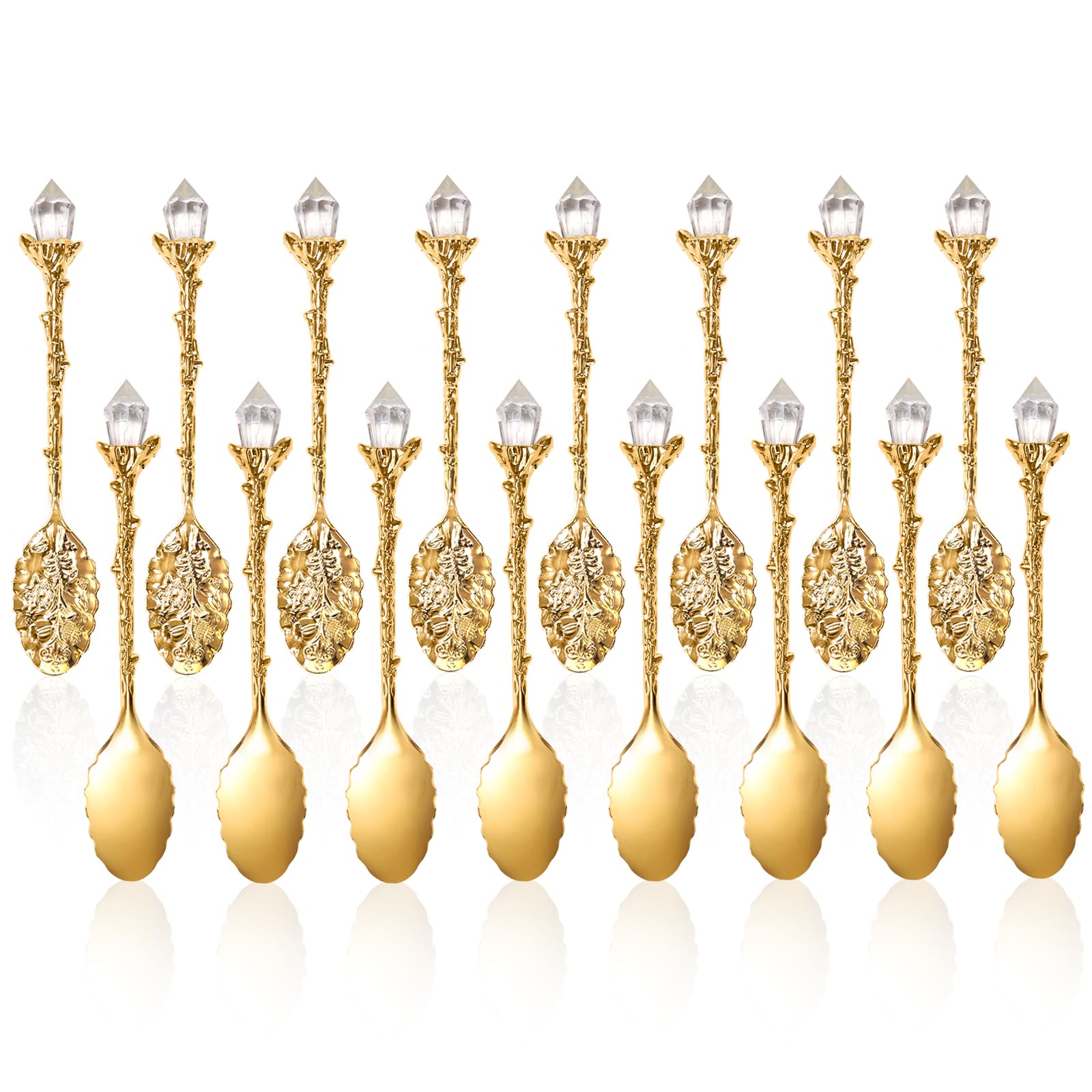 Covzoe 16 Pieces Retro Spoon, Crystal Alloy Coffee Spoons, Vintage Carved Decorative Gold Dessert Spoons for Cafe Bar, Tableware Home Office Party Supplies