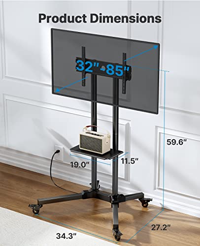 HUANUO TV Stand with Power Outlet, Rolling TV Stand for 32-85 Inch Flat/Curved LED TVs, Tilt TV Cart with Adjustable Shelf, Mobile TV Stand on Wheels Holds up to 132 lbs Max VESA 600x400mm HNTVMC01