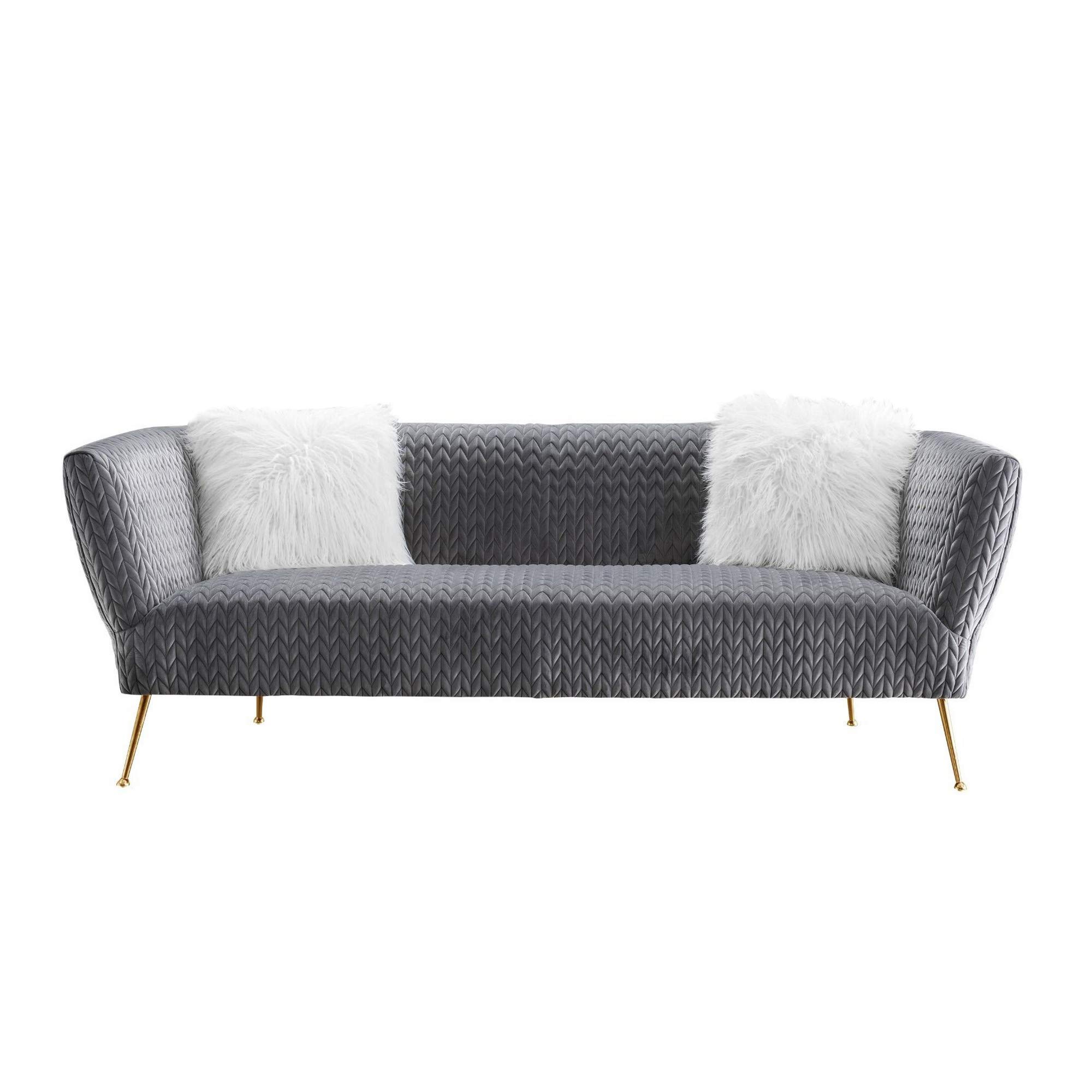 Benjara Fabric Upholstered Sofa with Stitched Chevron Details, Gray and Gold