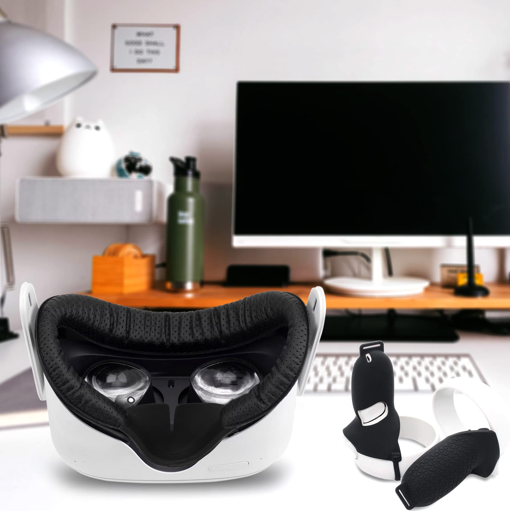 Gorliskl Facial Interface for Oculus Quest 2 ,Resilient VR Facial Vent Soft Interface Bracket &Anti-Leakage Light PU Leather Foam Face Cover Replacement Pad(Widened Version) Upgrade Accessories