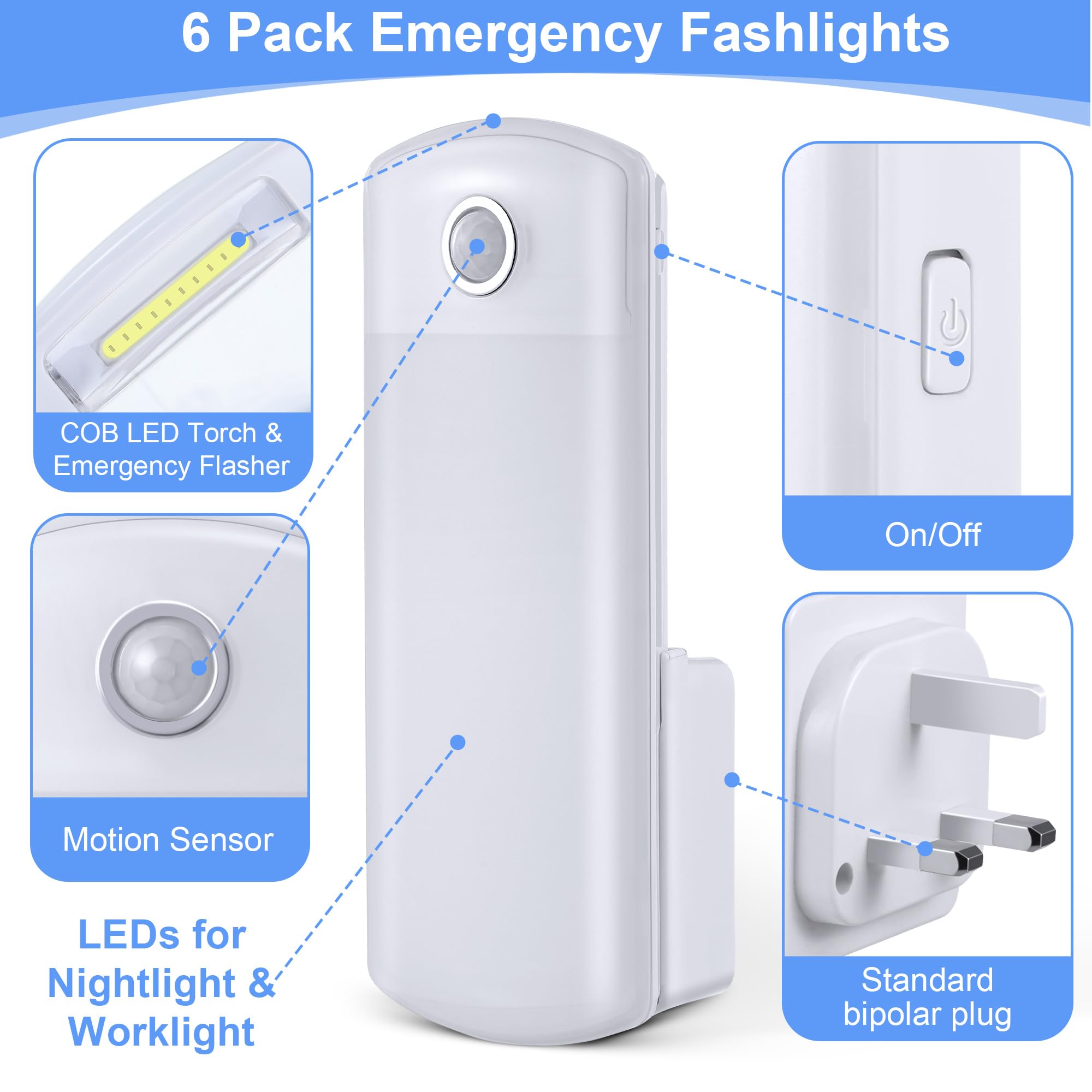 Enhon 6 Pack LED Power Failure Light, 4 in 1 LED Rechargeable Plug in Flashlights with Motion Detection, LED Emergency Lights for Home Power Failure Black Outs Hurricane Supplies