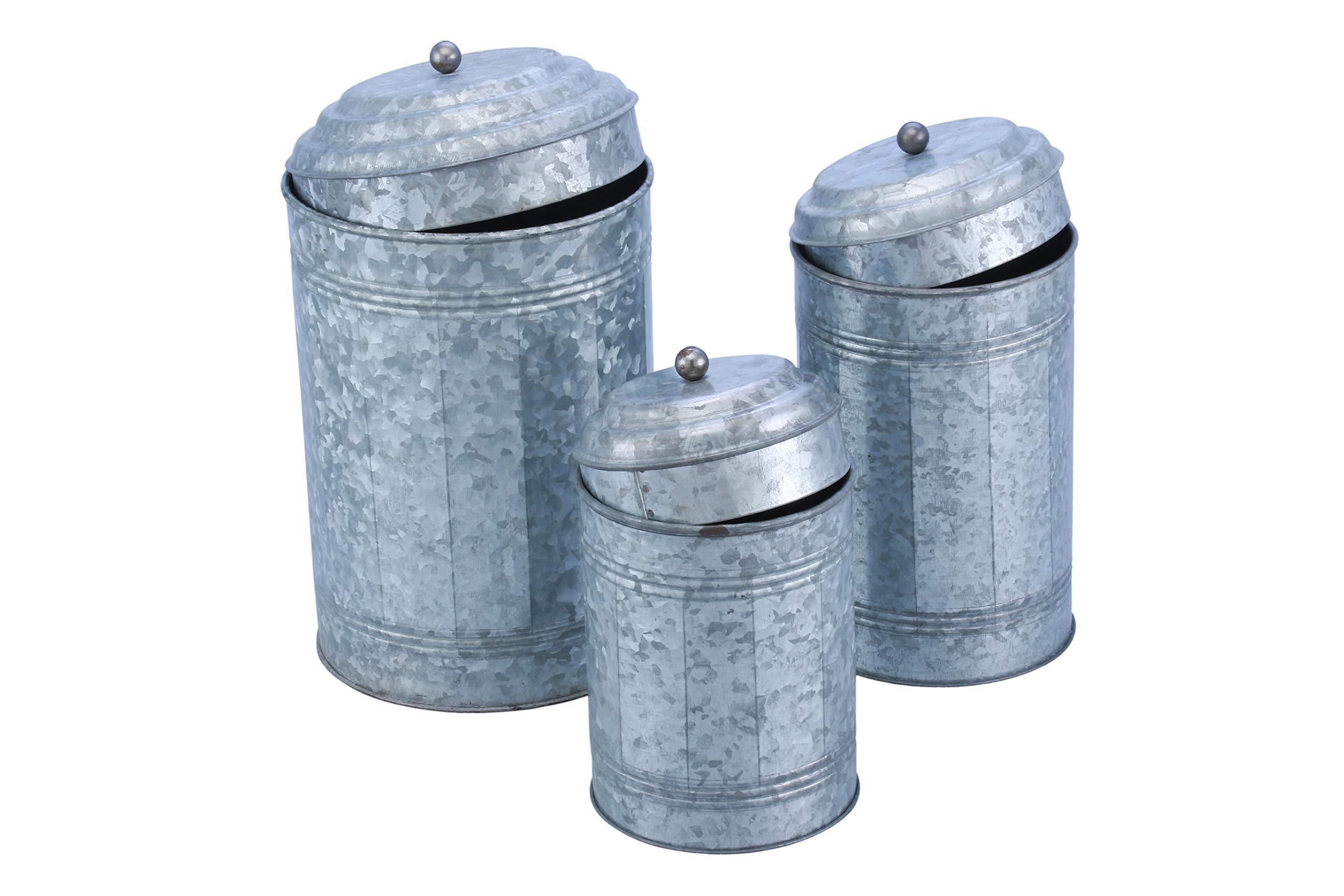 Benjara Rustic Metal Galvanized Canisters, Set of 3, Standard, Gray