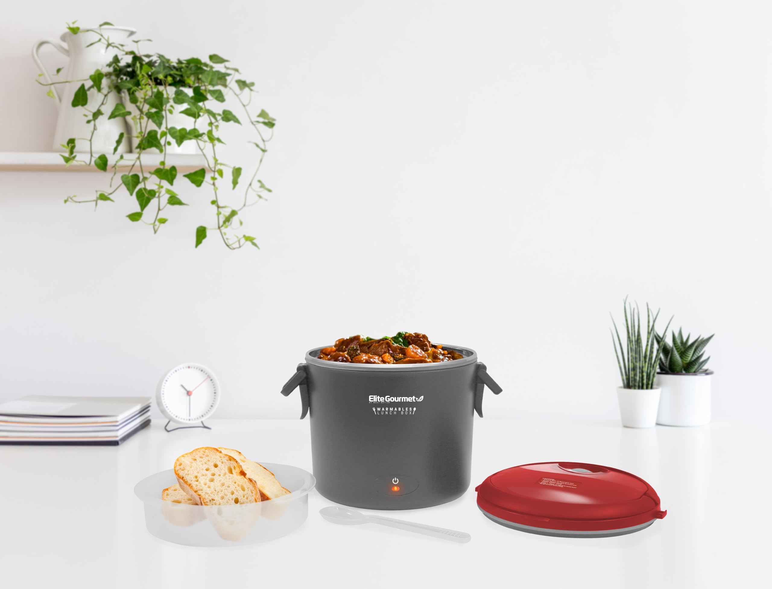 Elite Gourmet EFW-6080R Warmables Lunch Box Electric Food Warmer with Stainless Steel Pot, 32 Ounce, Grey Red