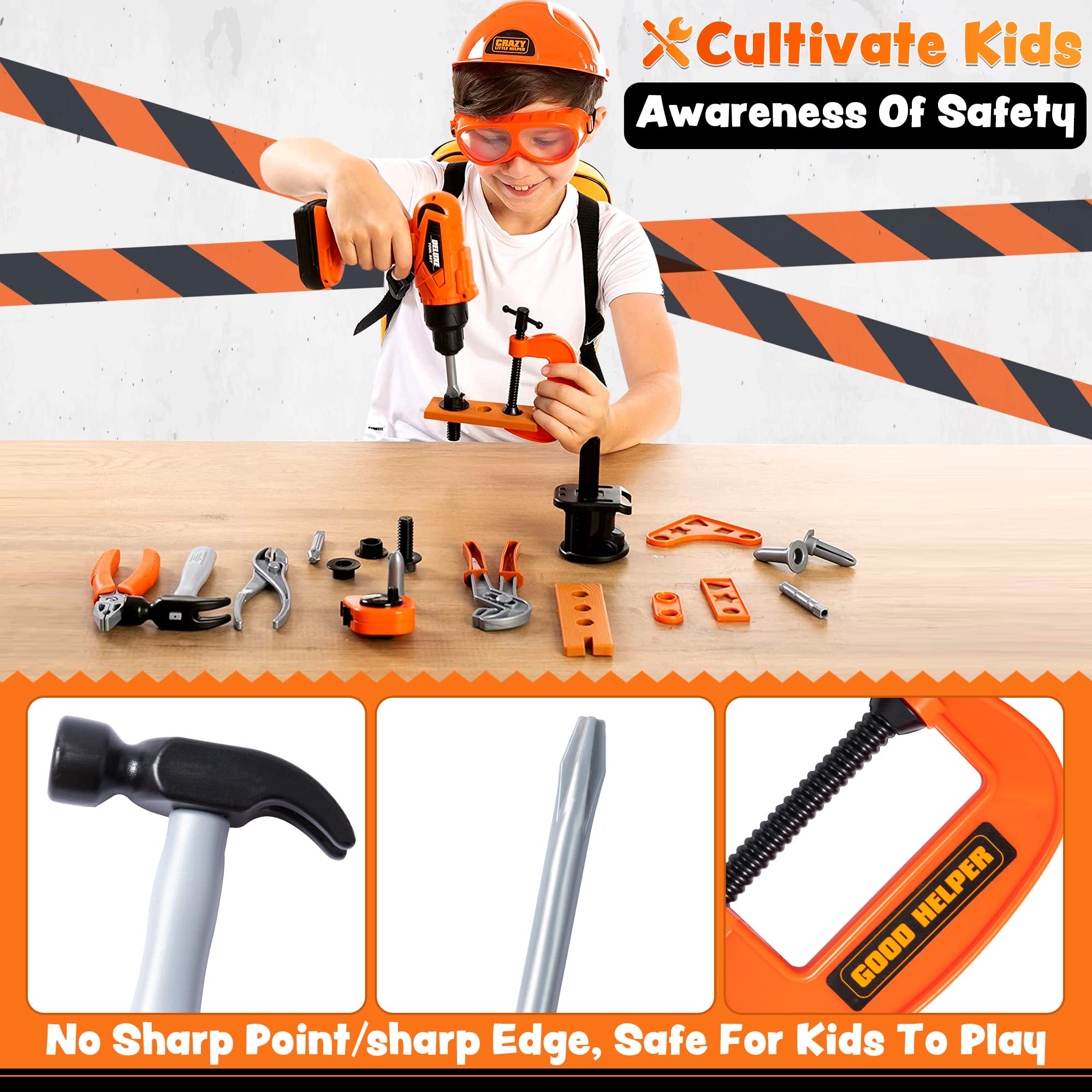 JOYIN 32PCS Kids Tool Set, Pretend Play Toddler Tool Toys with Construction Backpack Costume & Electronic Toy Drill for Boy Girl Halloween Present Birthday Dress Up Party