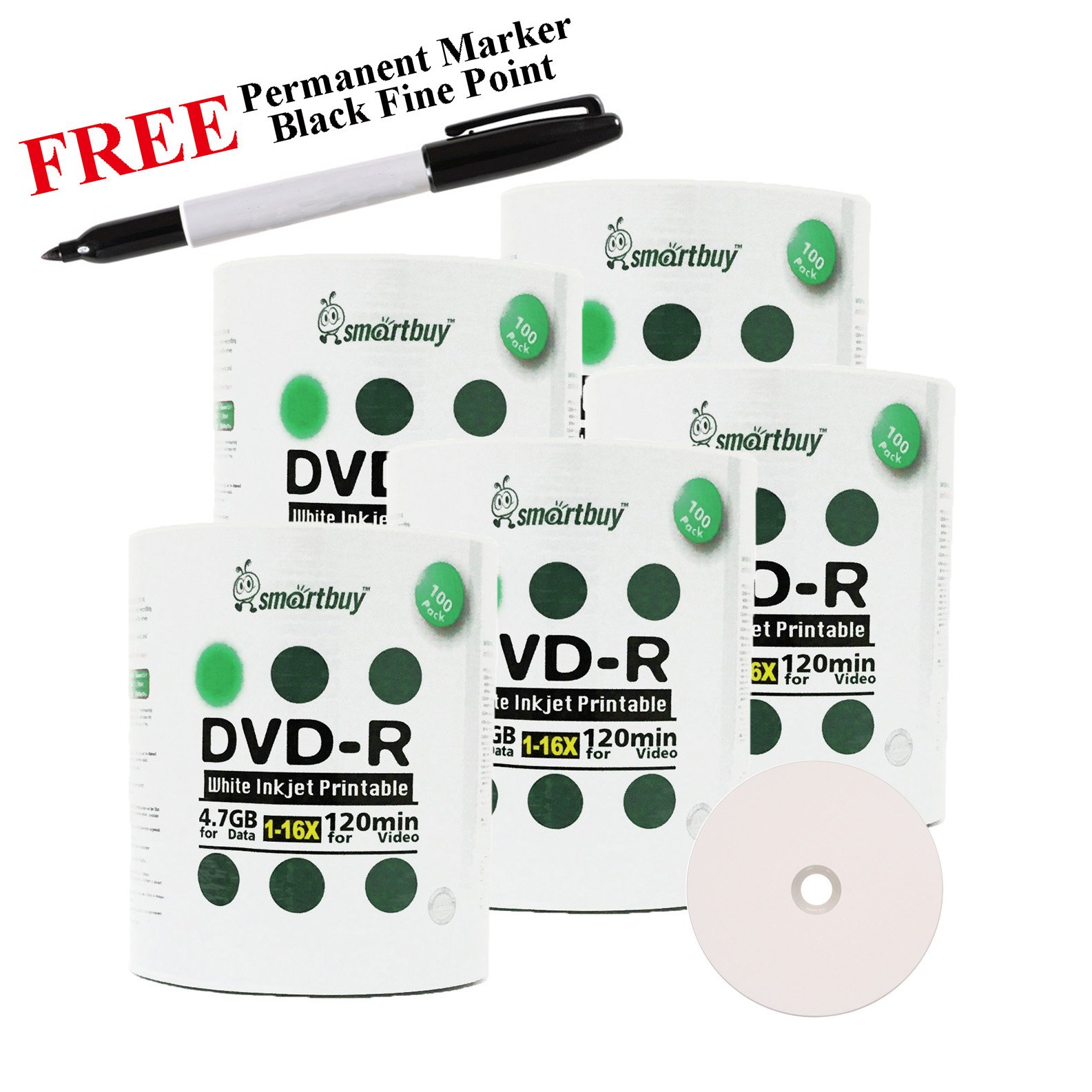Smartbuy 500-disc 4.7GB/120min 16x DVD-R White Inkjet Hub Printable Blank Media Disc + Black Permanent Marker