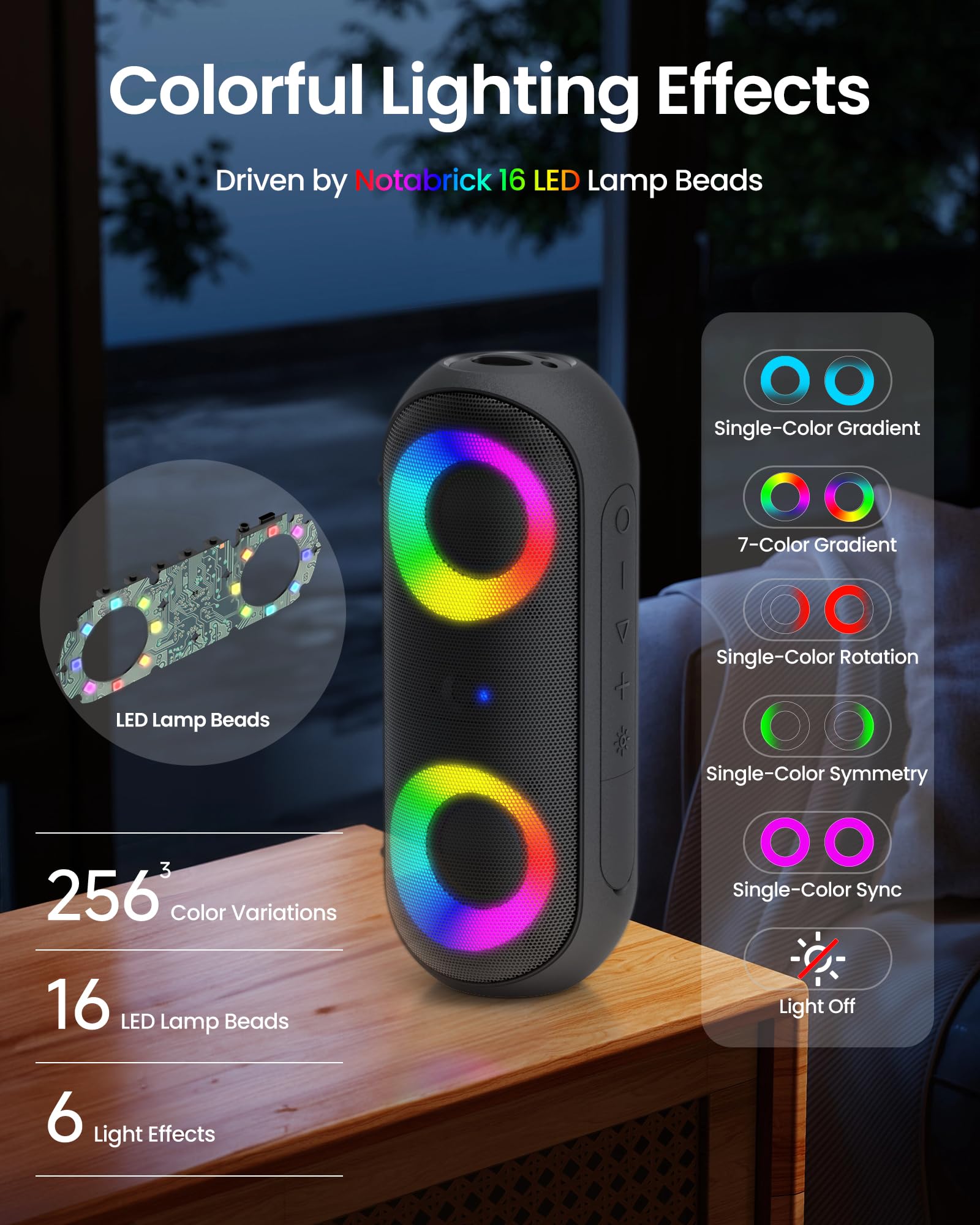 Bluetooth Speakers with Light, 30W Portable Bluetooth Wireless(100FT Range) Loud Stereo Sound, IPX7 Waterproof Shower Speakers, RGB Multi-Colors Rhythm Lights, 1000mins Playtime for Indoor&Outdoo