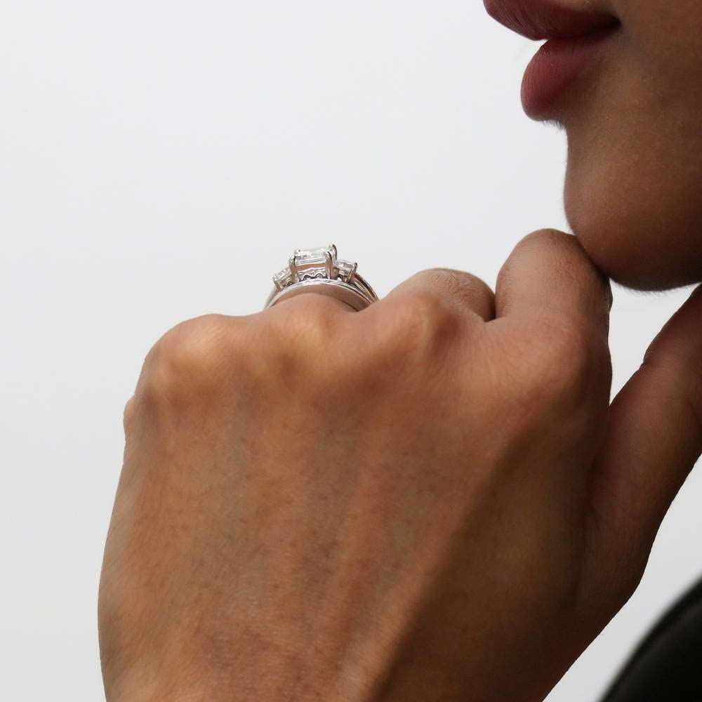 BERRICLE Sterling Silver 3-Stone Wedding Engagement Rings Emerald Cut Cubic Zirconia CZ Ring Set for Women, Rhodium Plated Size 6