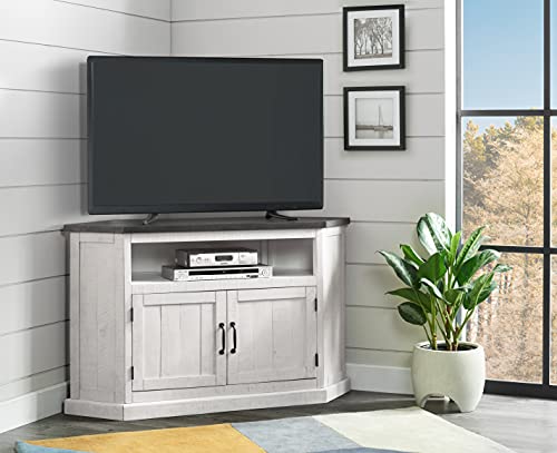 Martin Svensson Home Rustic Solid Wood Corner TV Stand, White Stain with Grey Stain Top