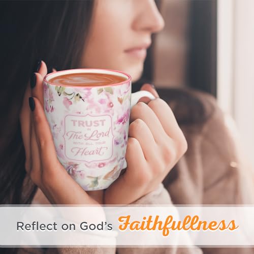 Christian Art Gifts Encouraging Ceramic Coffee & Tea Bible Verse Mug for Women: Trust in the Lord Inspirational Scripture Proverb, Microwave & Dishwasher Safe, White & Pink Watercolor Floral, 12 oz.