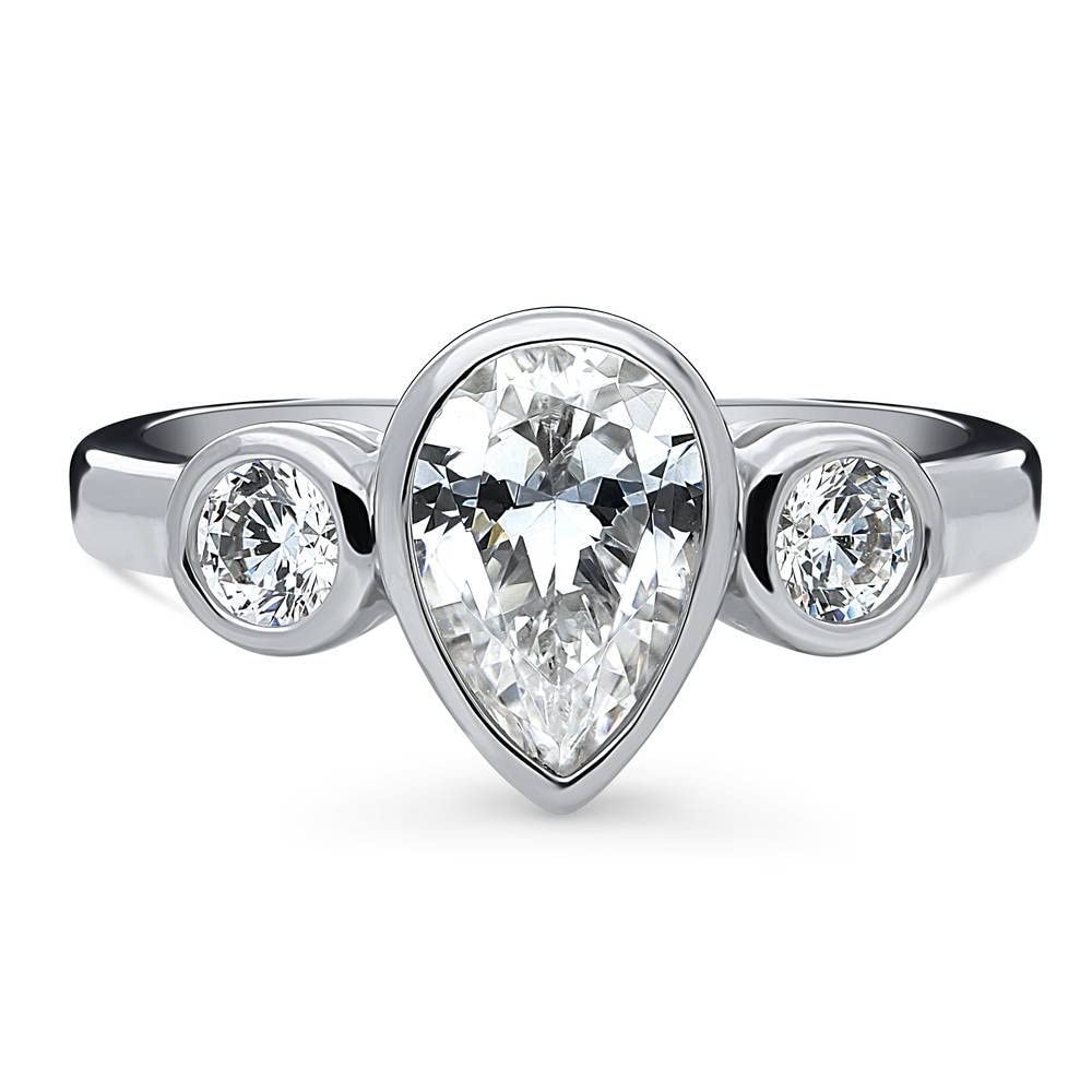 BERRICLE Sterling Silver 3-Stone Wedding Engagement Rings Pear Cut Cubic Zirconia CZ Anniversary Promise Ring for Women, Rhodium Plated Size 8