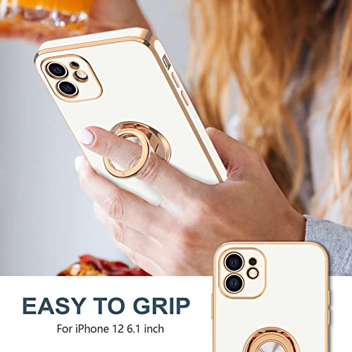 Hython Case for iPhone 12 Case with Ring Stand [360° Rotatable Ring Holder Magnetic Kickstand] [Soft Microfiber Lining] Plating Rose Gold Edge Shockproof Protective Phone Cases Cover for Women, White