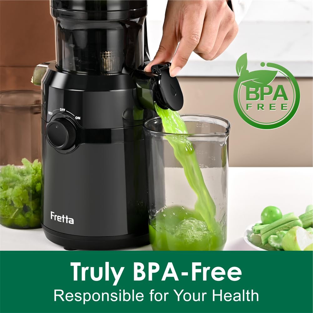 Cold Press Juicer Machines,Fretta Slow Masticating Juicer Machines with 4.25" Large Feed Chute,Fit Whole Fruits & Vegetables Easy Clean Self Feeding,High Juice Yield,BPA Free (Black)