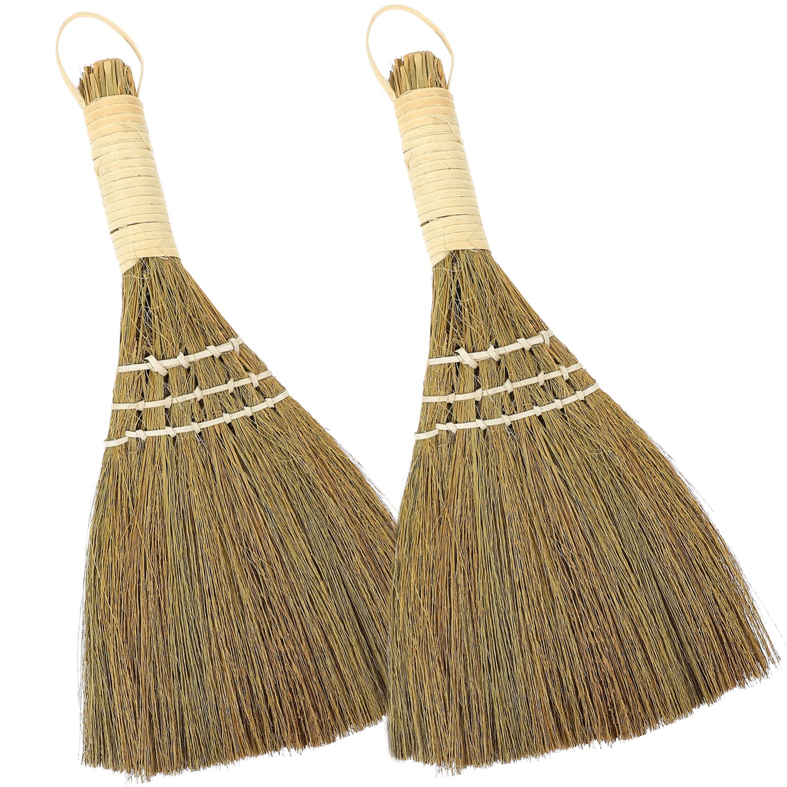 BESTonZON Manual Broom Vintage Broom 2Pcs Desktop Broom Retro Asian Straw Broom Natural Flower Grass Broom Manual Whisk Broom for Home Kitchen Sweeping Broom Short Handle Broom
