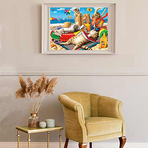 NATGIFT Jigsaw Puzzle Beach Cats Beachcombers 1000 Piece 27.5''(L) x 19.6''(W) Children's Gift Large Puzzle Game Artwork for Adults Teens
