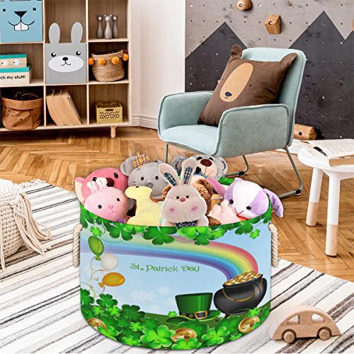 St Patrick's Day Rainbow Large Round Baskets for Storage Laundry Baskets with Handles Blanket Storage Basket for Bathroom Shelves Bins for Organizing Nursery Hamper Girl Boy