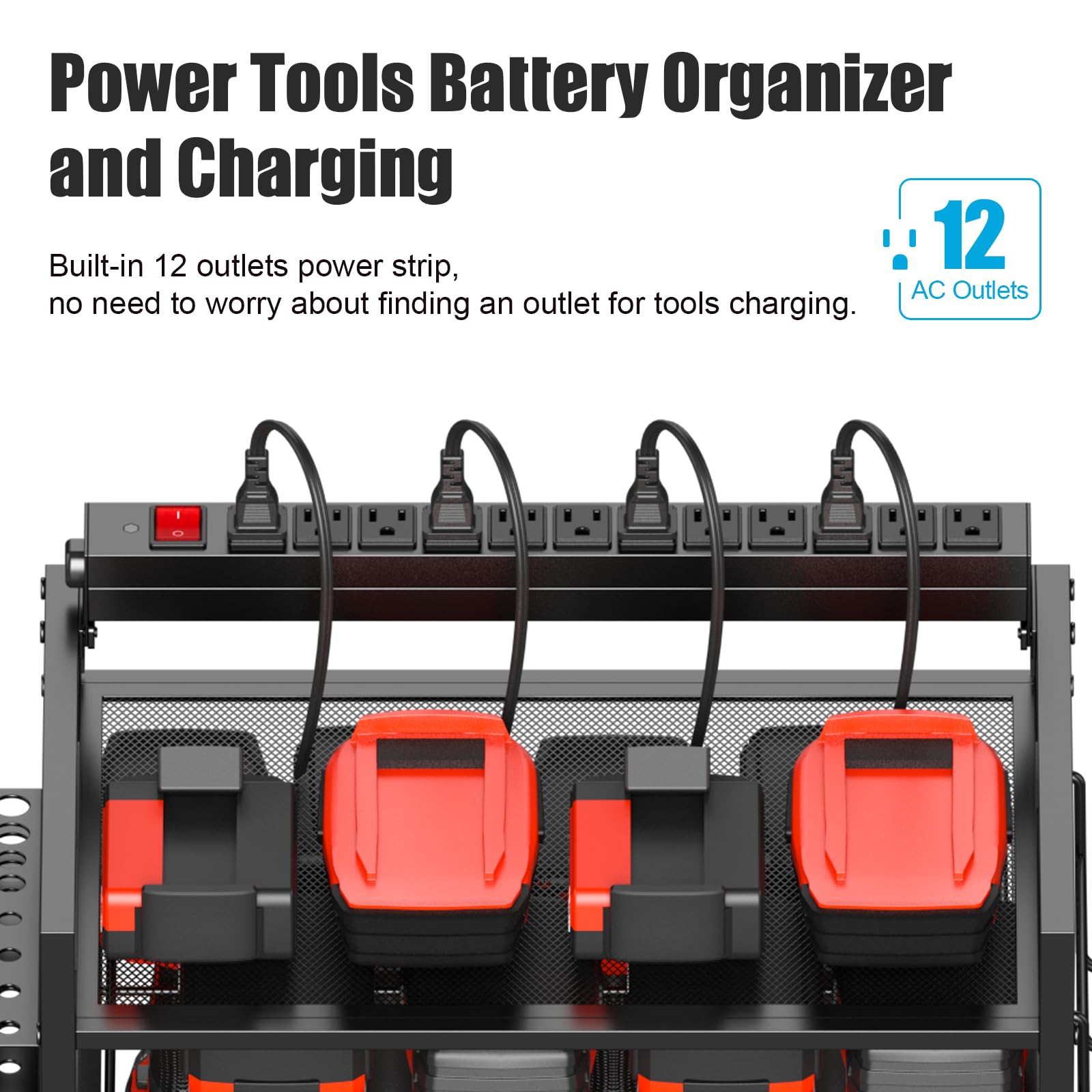 CCCEI Garage Power Tools Organizer Cart with Charging Station, Floor Standing Drill and Tools Battery Storage Cart with Cabinet. Utility Rack Gift for Men, Husband, Father Red.