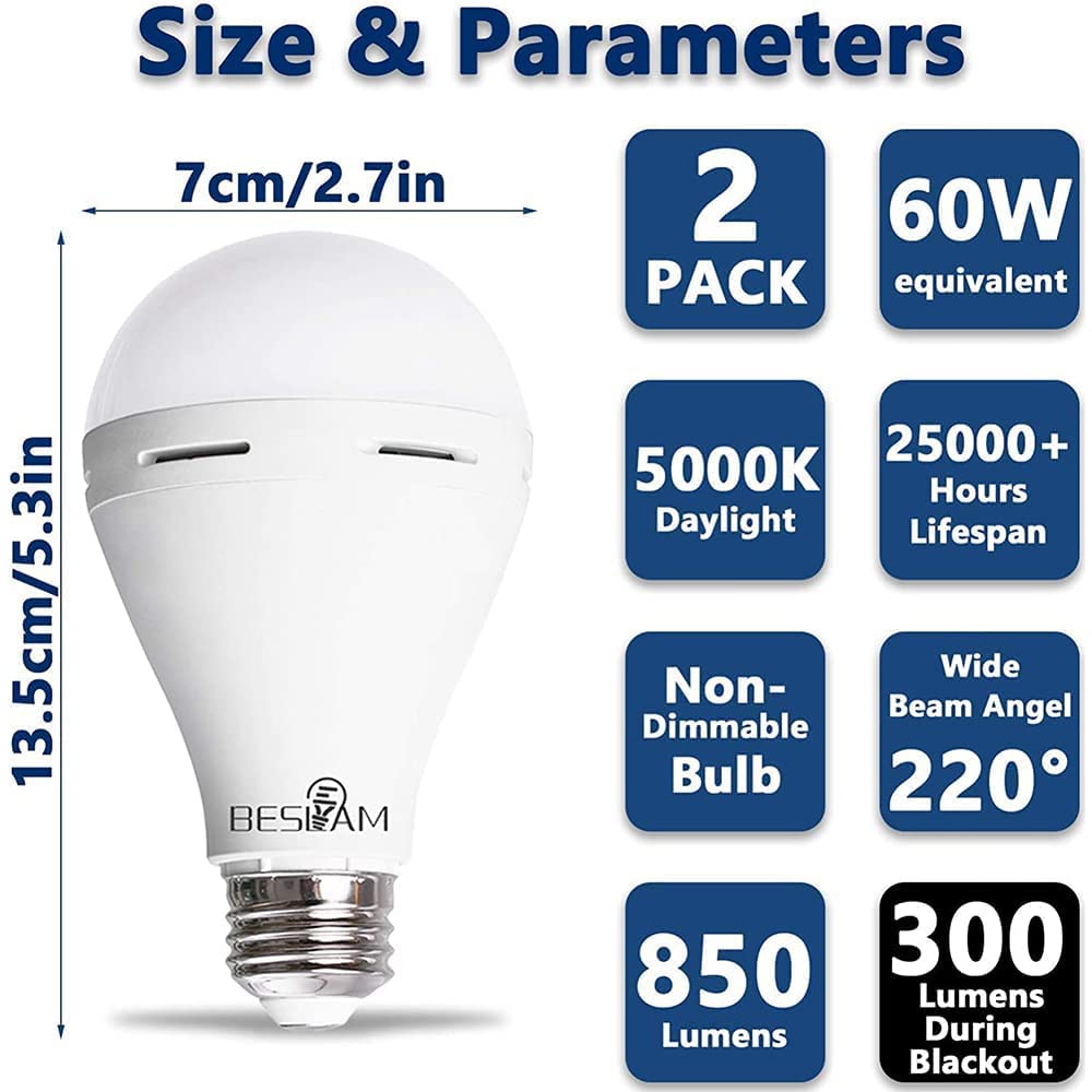 BESLAM Rechargeable Emergency LED Bulb with Battery Backup, Self-Charging Camping Light Bulbs for Power Outage Hurricane 60W Equivalent(8W), Daylight 5000K, 850 Lumens, E26, 2 Pack with Hook