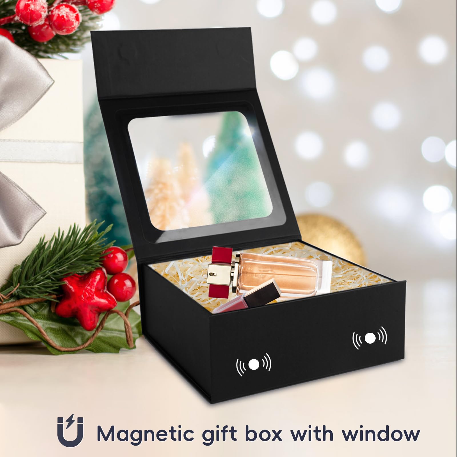 Black Gift Box with Window,7.5"x7.5"x3.1" Bridesmaid Box for Gift Giving,Birthday Gift Box with Magnetic,Closure Lid Gift Box for Presents,Cute Box,Luxury for Gift Packaging,Gift Box for Wrapping Gifts