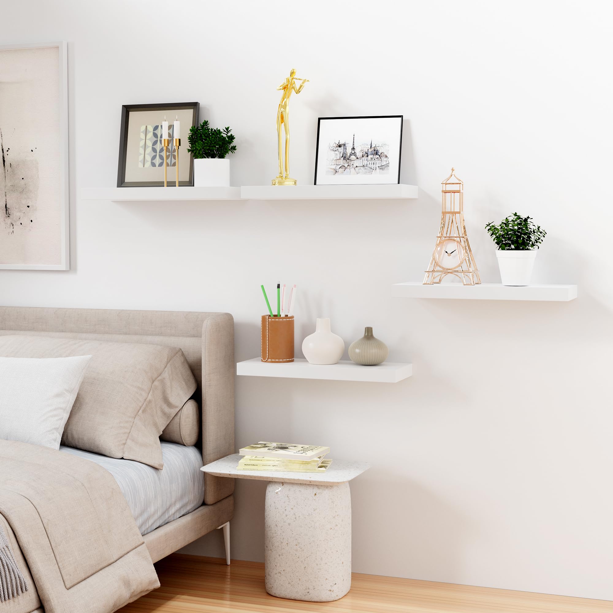 Bellsal Floating Shelves for Wall, White Engineered Wood Wall Shelf Set of 4, 16" Wall Mounted Floating Shelf for Kitchen, Living Room, Bedroom, Bathroom Storage, Book Shelf for Wall Home Decor