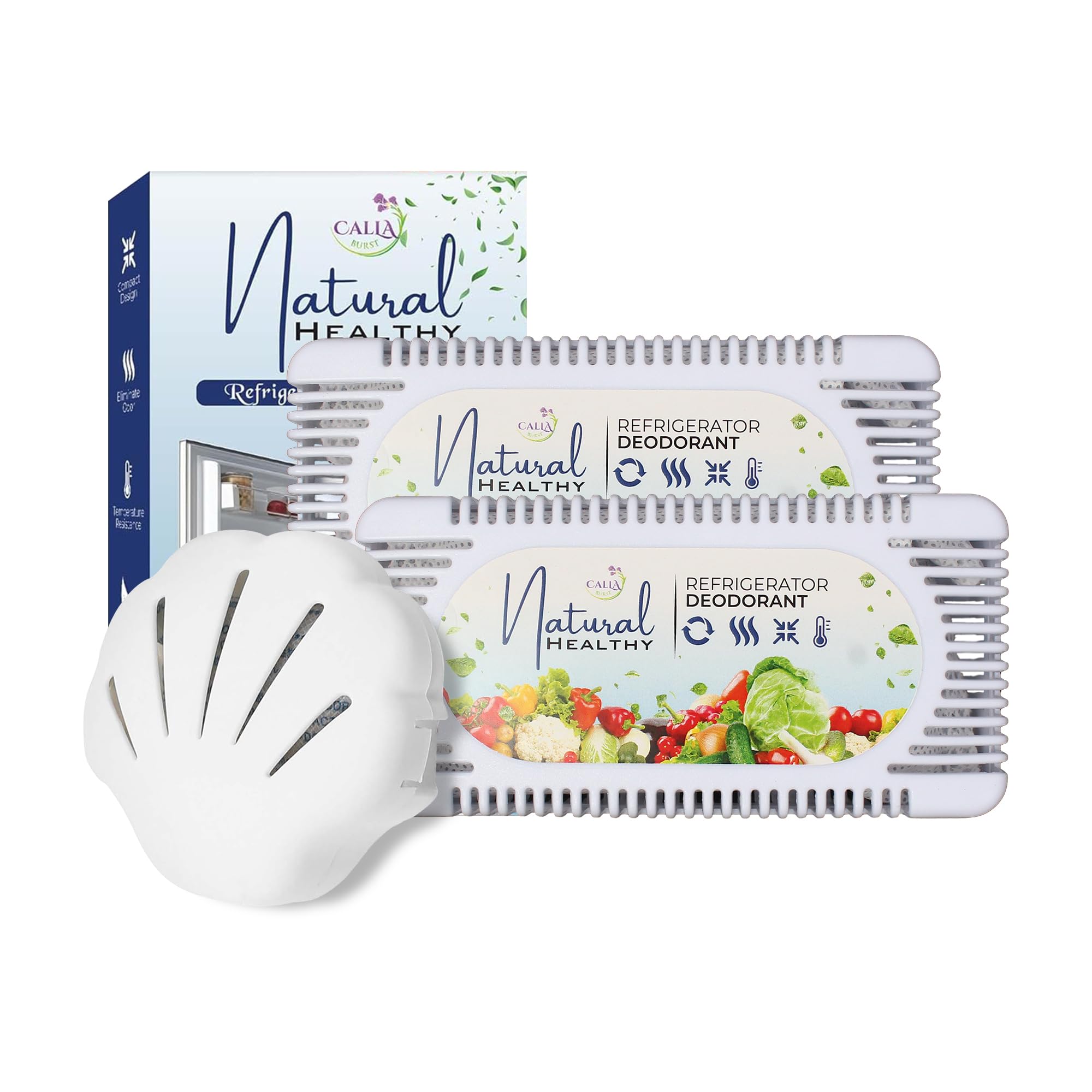 CallaBurst Refrigerator Deodorizer - Unscented Odor Eliminator for Freezer, Cooler, Lunch Boxes - Two Rectangle, One Shell Shaped - Freezer Deodorizer, Refrigerator Freshener, (3-Pack)