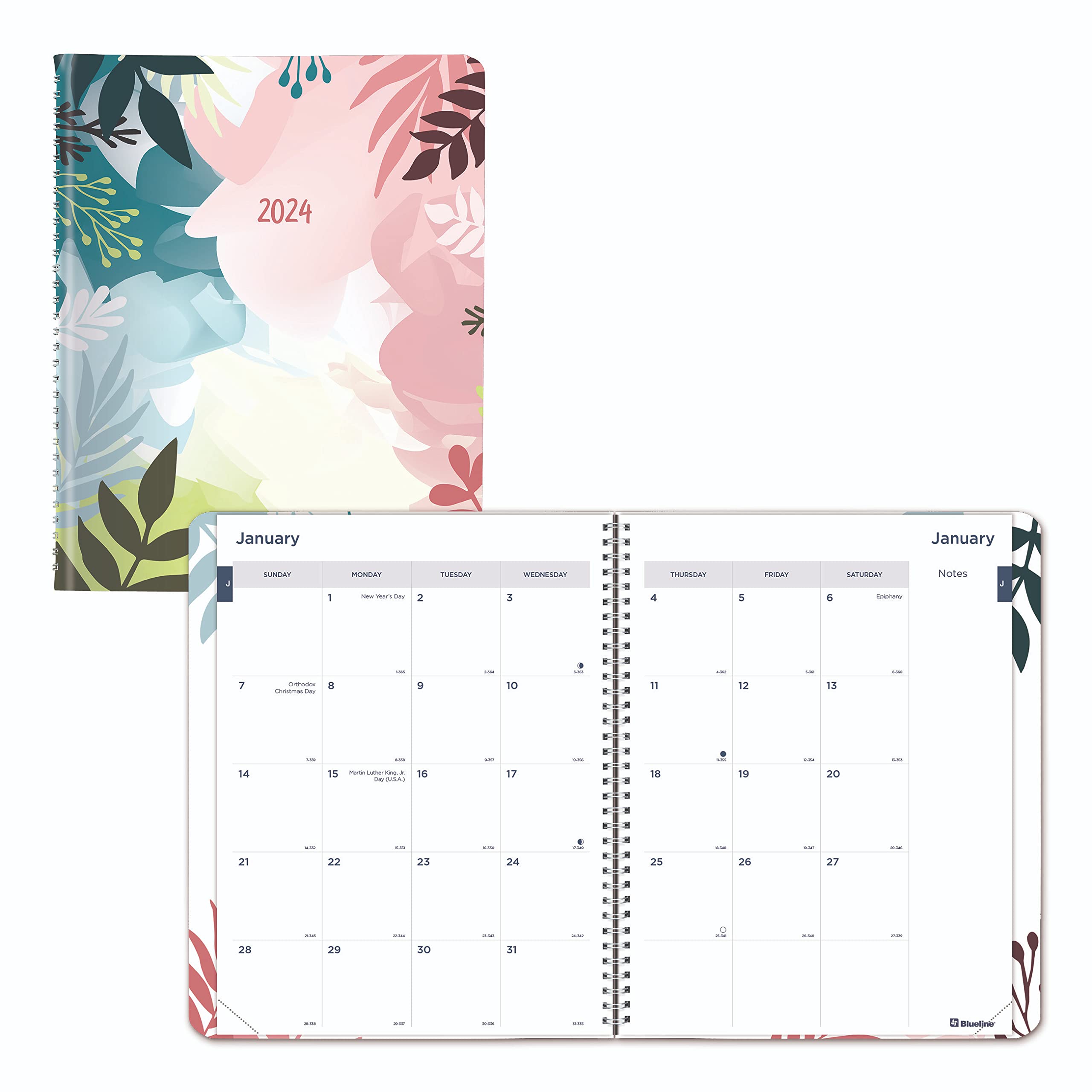 Blueline 2024 Monthly Planner, 14 Months, December 2023 to January 2025, Twin-Wire Binding, 11" x 8.5", Meadow Design (C701G.01-24)