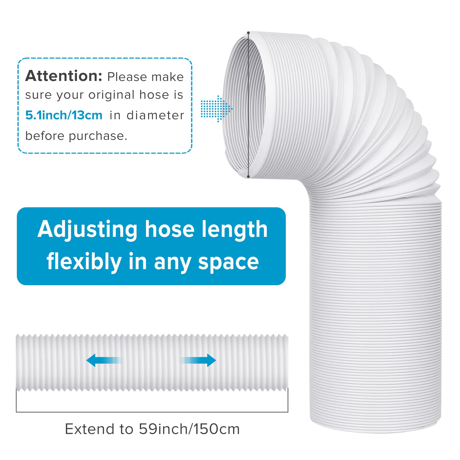 Portable Air Conditioner Hose, AC Hose with 5.1" Diameter, Counter Clockwise Thread & Length up to 59" AC Exhaust Hose for Portable AC Vent Compatible with Haier LG Delonghi Air Conditioner Parts