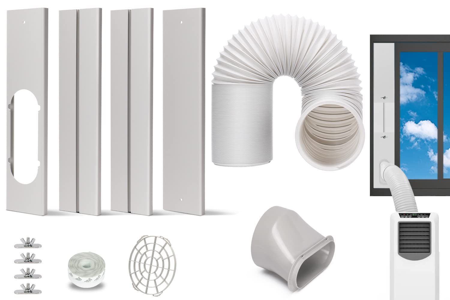 Portable Air Conditioner Window Kit, Adjustable Window Vent Kit Seal Plates with 5.9” Exhaust Hose Duck Coupler for A/C Replacement Window Sliding Set