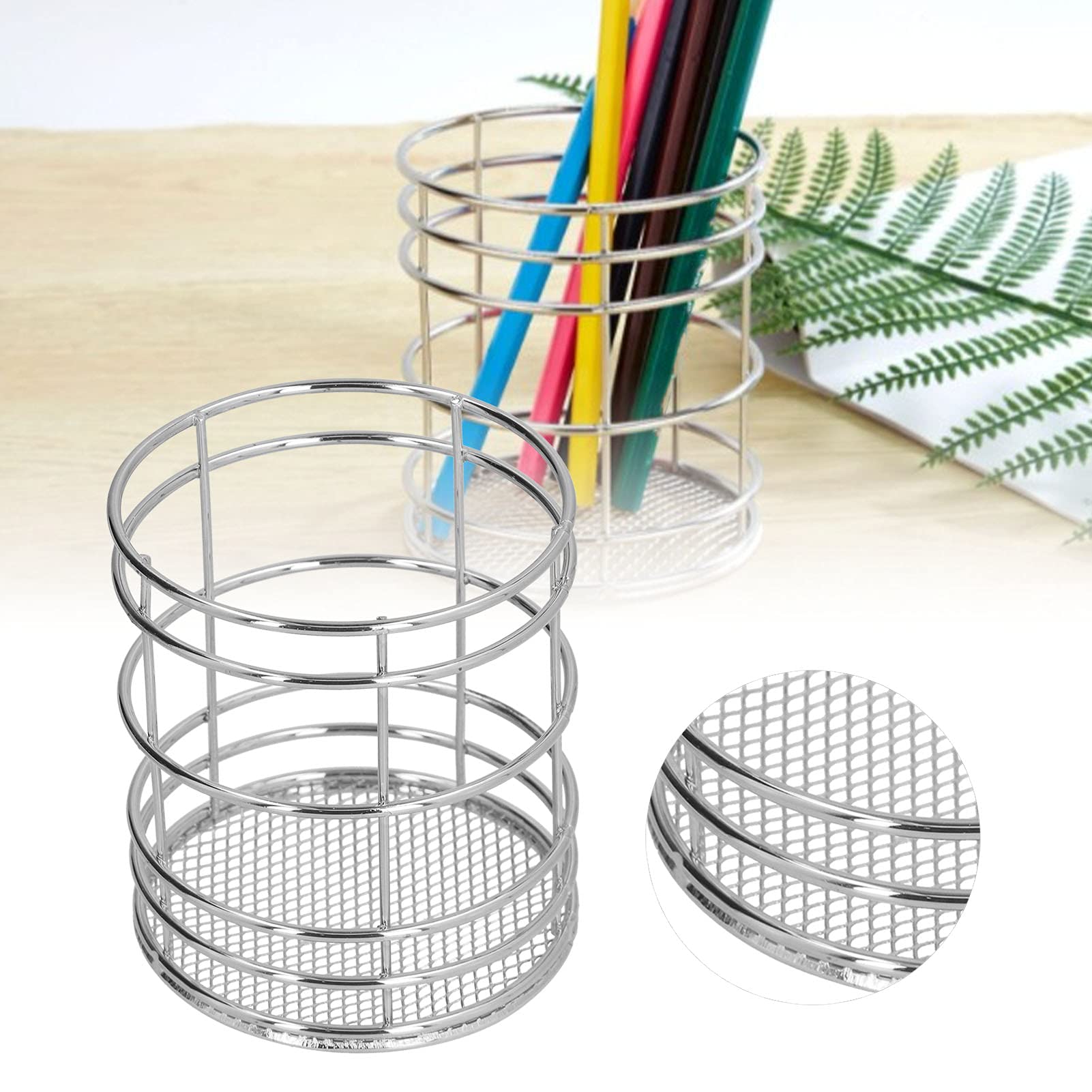 BORDSTRACT Small Wire Utensil Holder, 11x9x9cm Metal Round Pen Holder, Make Up Brush Holder Desk Cutlery Chopsticks Organizer for Kitchen Counter Home Office(Silver)