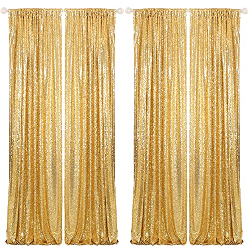 HELAKU Gold Sequin Backdrop Curtains - 4 Panels 2.5x8ft Sequin Backdrop Gold Backdrop Curtains for Wedding Birthday Party Decoration Glitter Backdrop Curtains