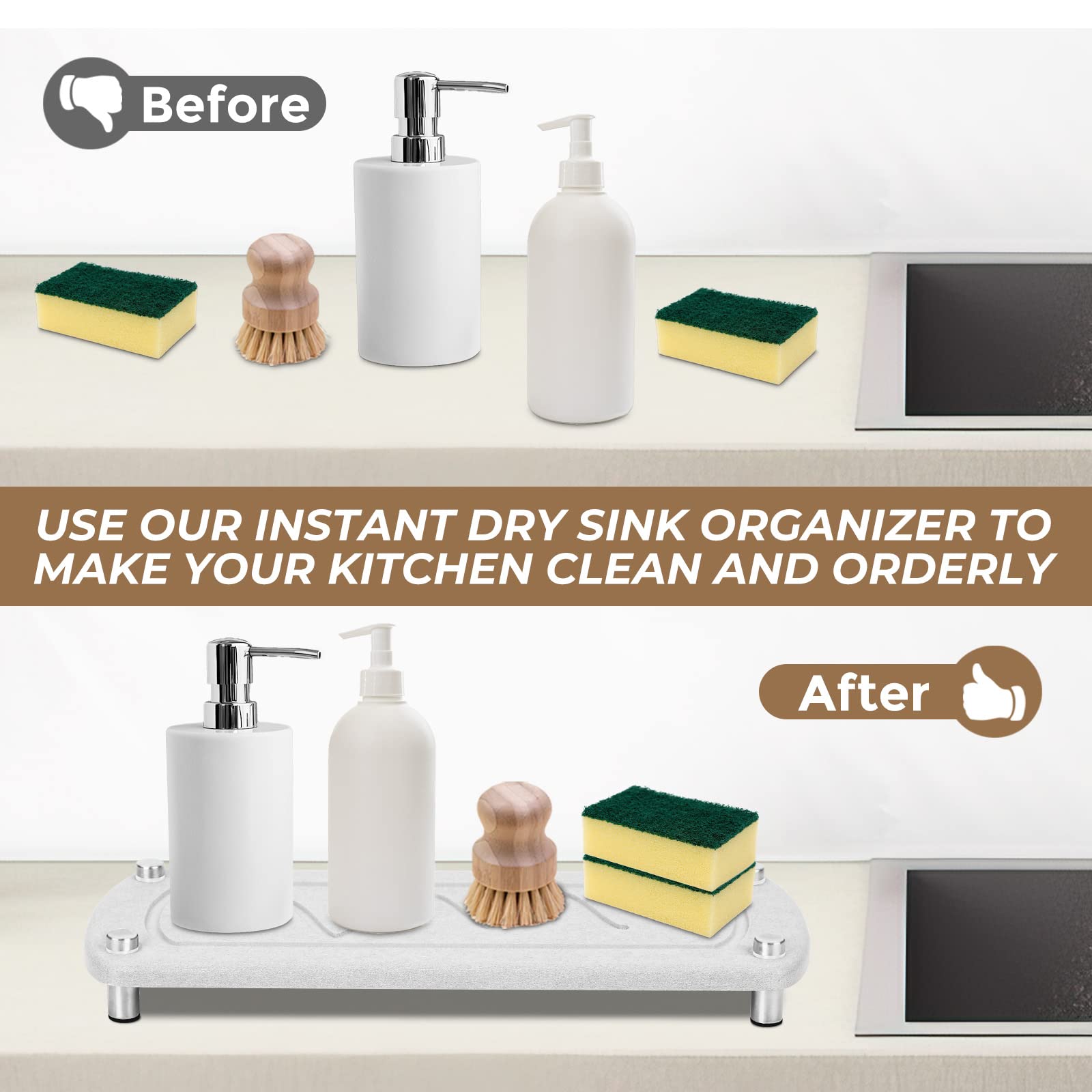 BFONS Instant Dry Sink Organizer, Sink Caddy Diatomaceous Earth Soon Neat Water Absorbing Stone Tray for Sink Kitchen Essentials Fast Drying Sponge Soap Holder Rack for Bathroom Organizer Countertop